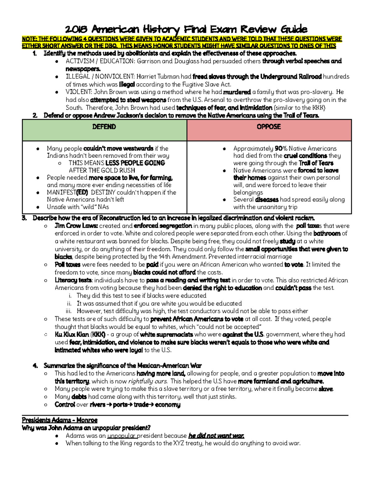 History Final Exam Study Guide - 2018 American History Final Exam ...