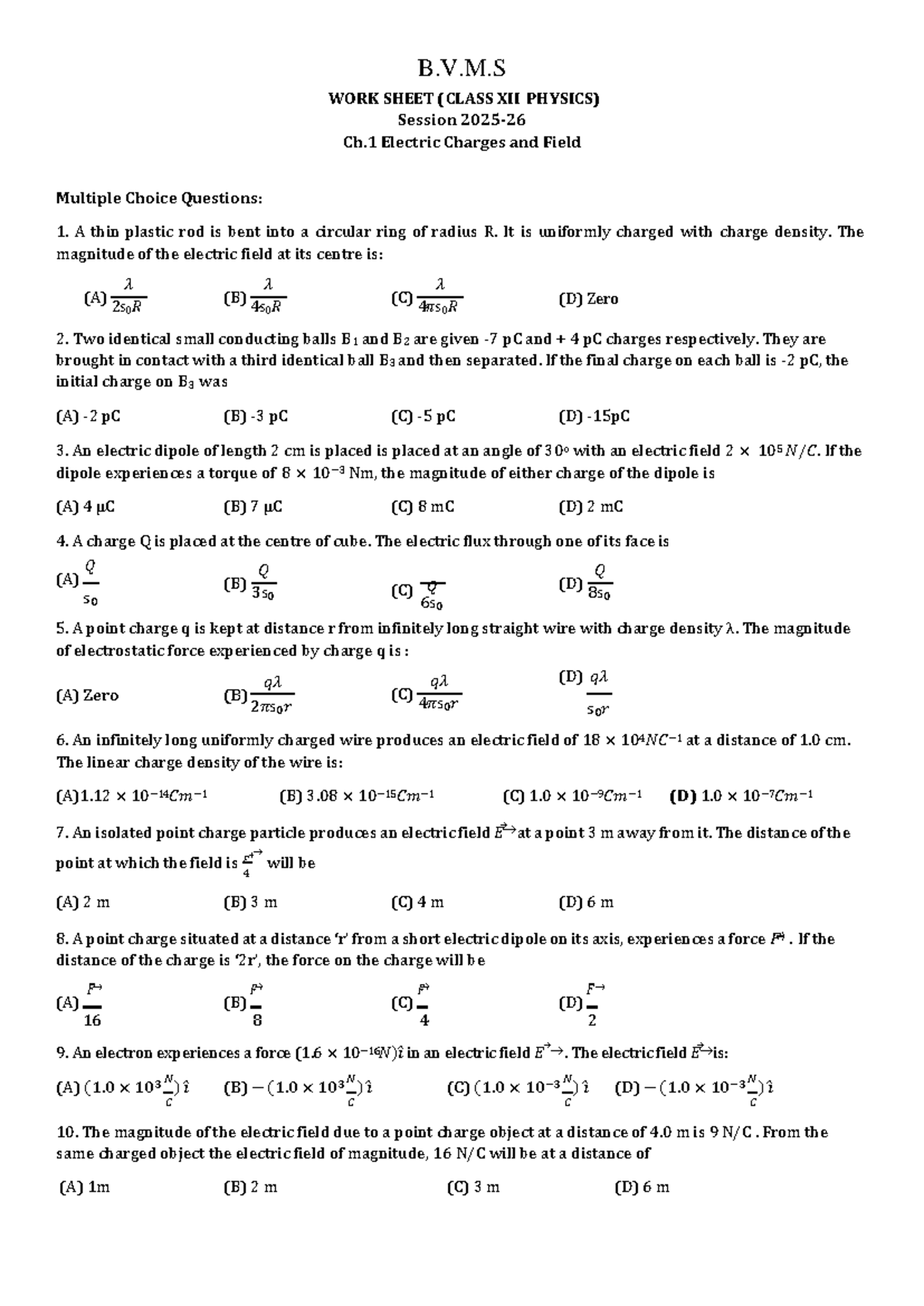 Ch.1 Electric Charges and Field (Class XII Physics) Worksheet - Studocu