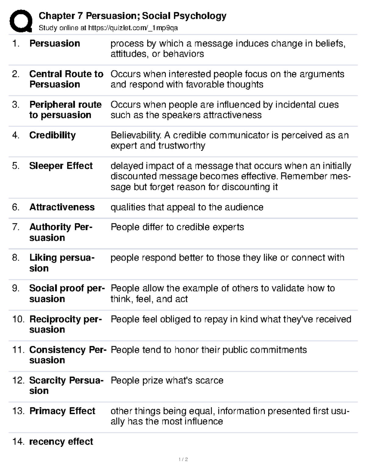 Chapter 7: Social Psychology - Persuasion Exam 4 Quizlet - Studocu