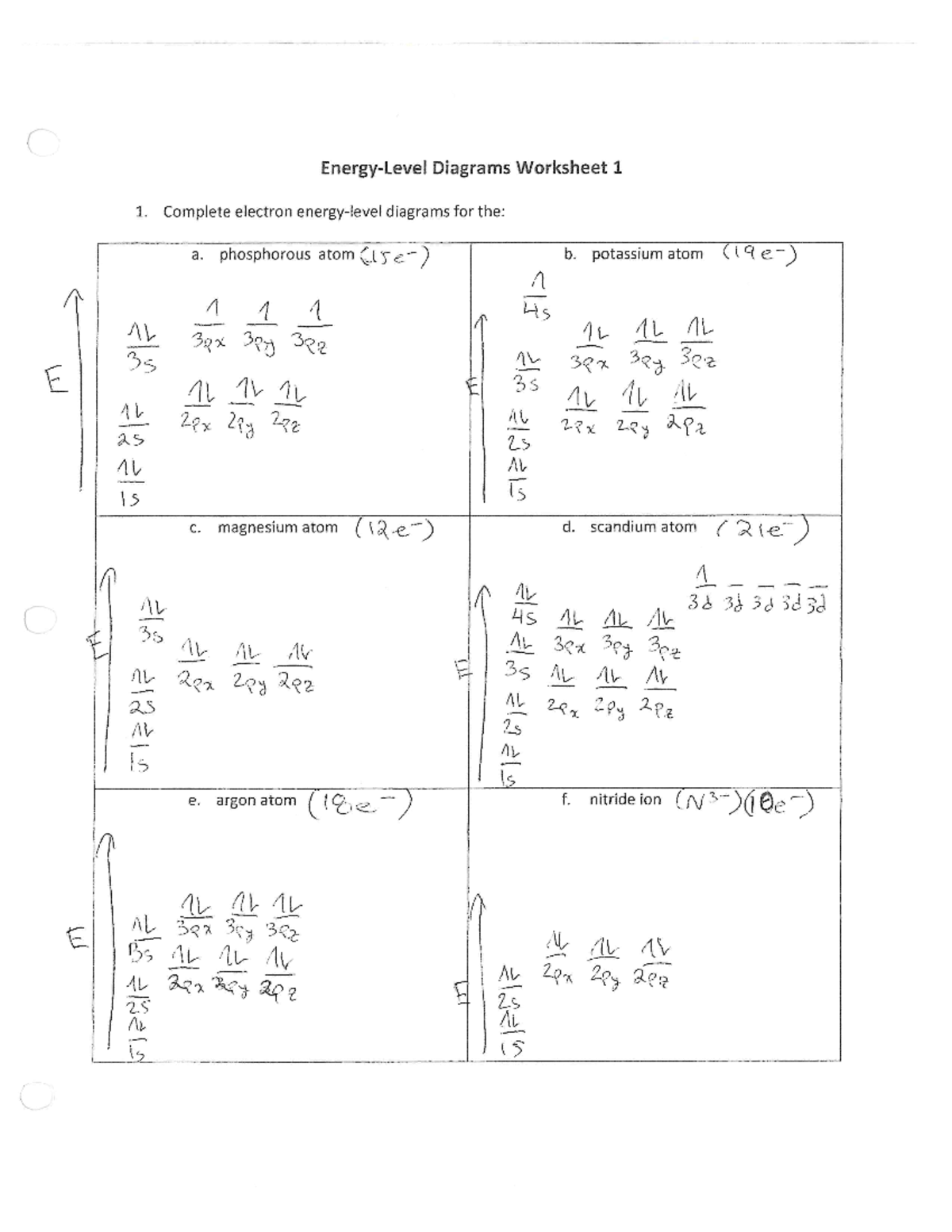 Day 3 and 4 HW (1,2) Answers - Energy-Level Diagrams Worksheet 1 1 ...