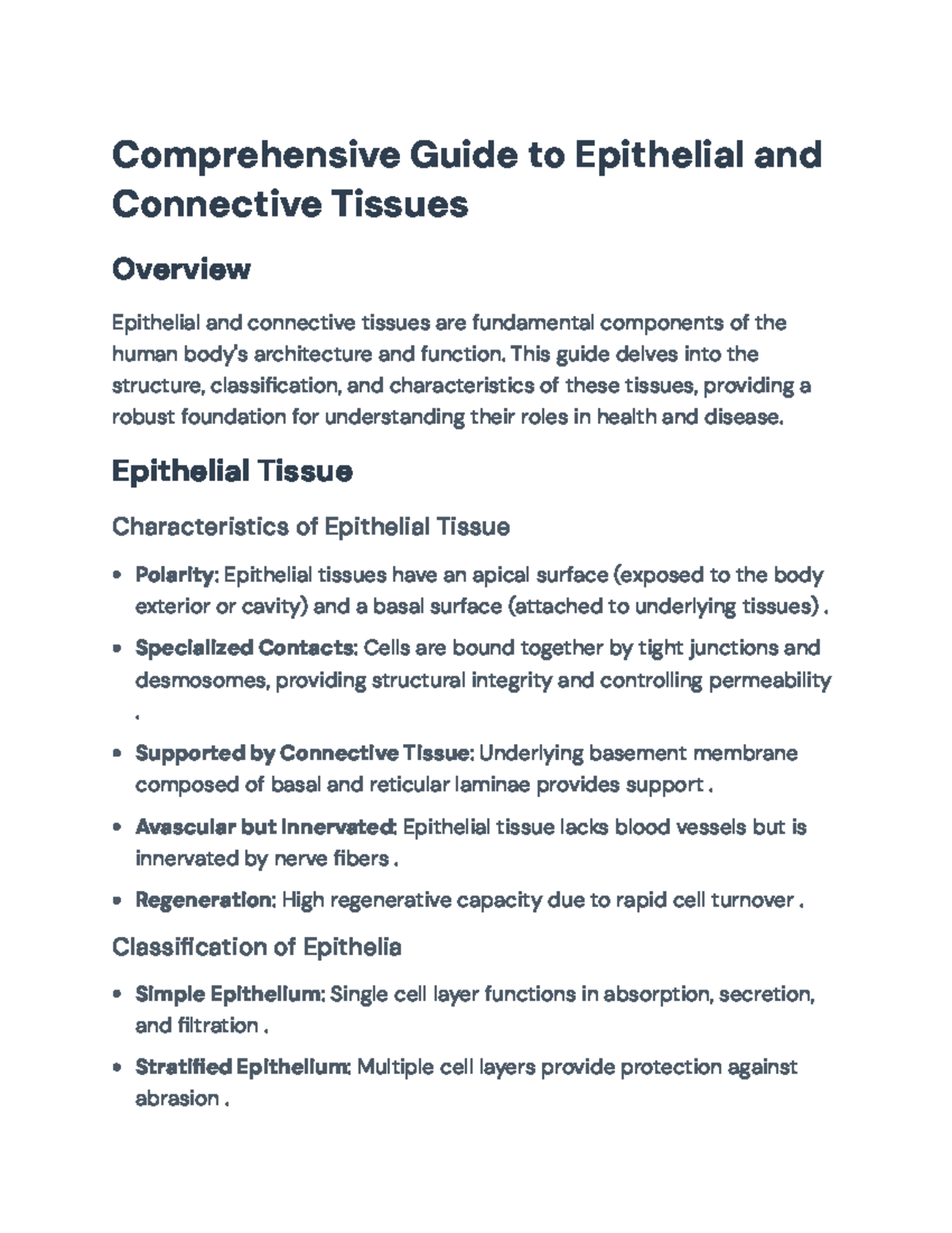 Comprehensive Guide to Epithelial and Connective Tissues Overview - Comprehensive Guide to - Studocu