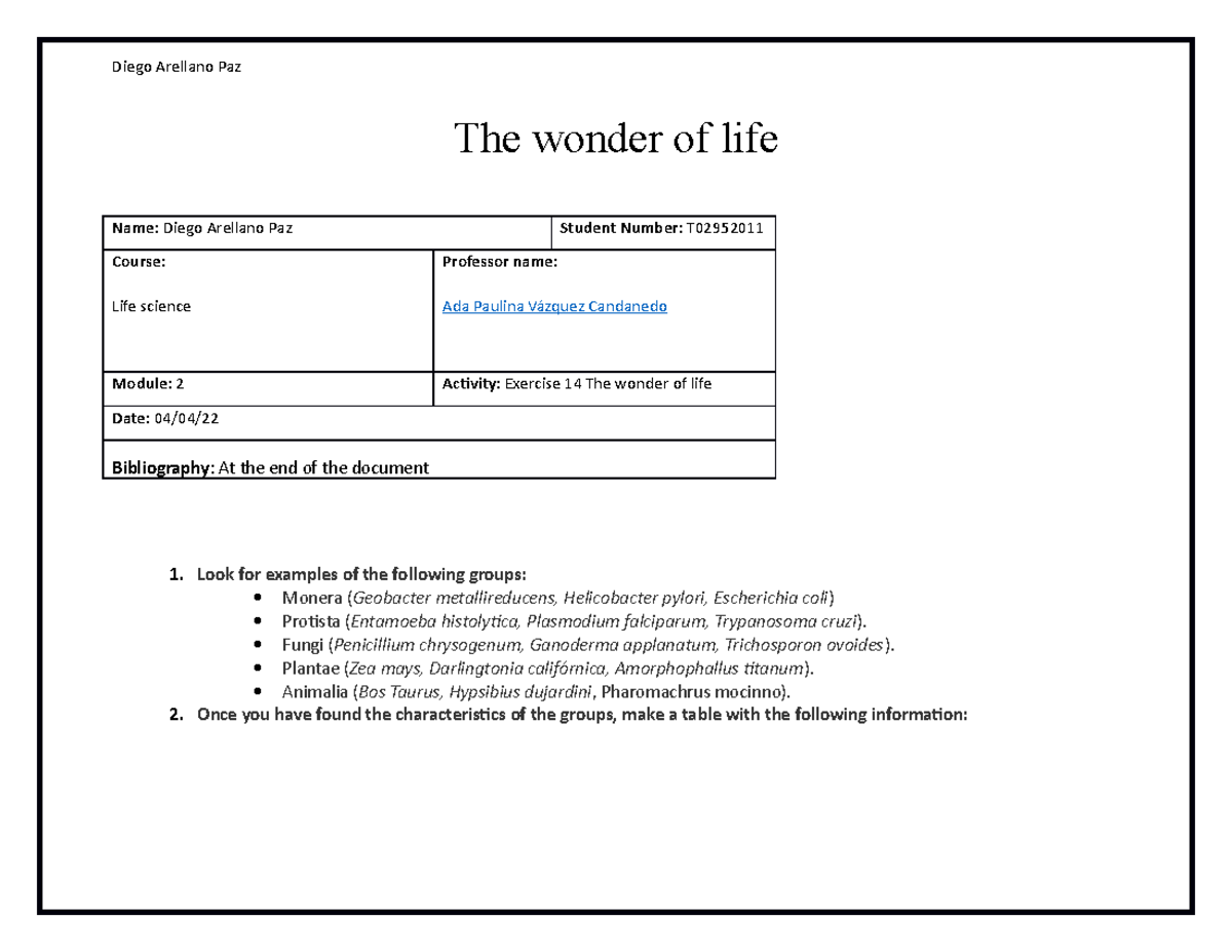 The wonder of life - Life science - The wonder of life Name: Diego ...