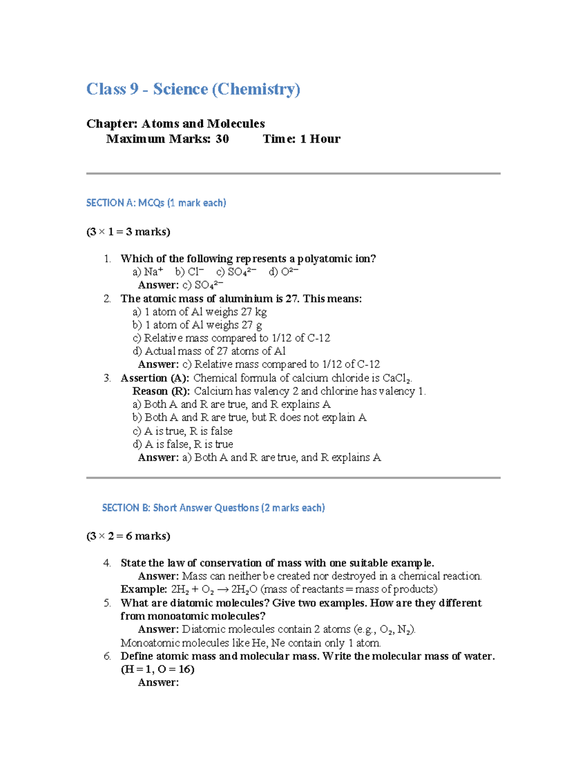 Class 9 Science (Chemistry) Chapter 3 Test: Atoms & Molecules - Studocu