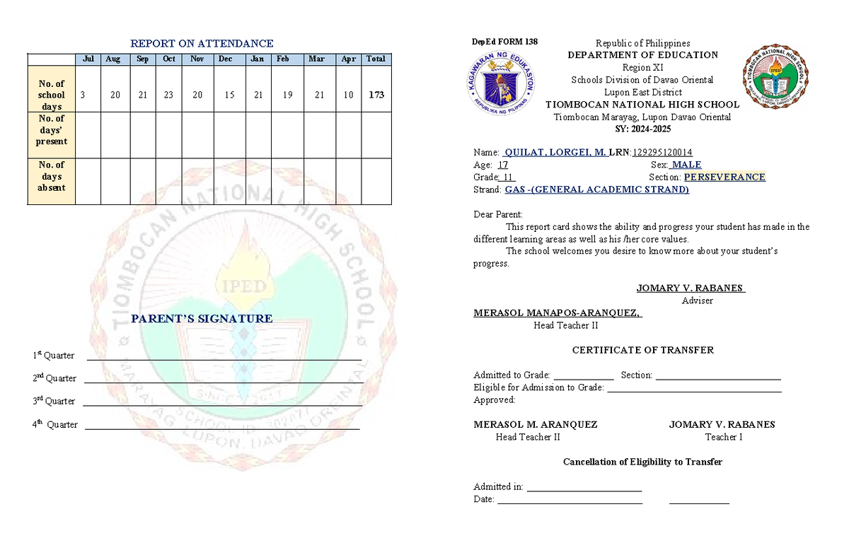 Grade 11 Report Card for SY 2024: Attendance & Learning Progress - Studocu