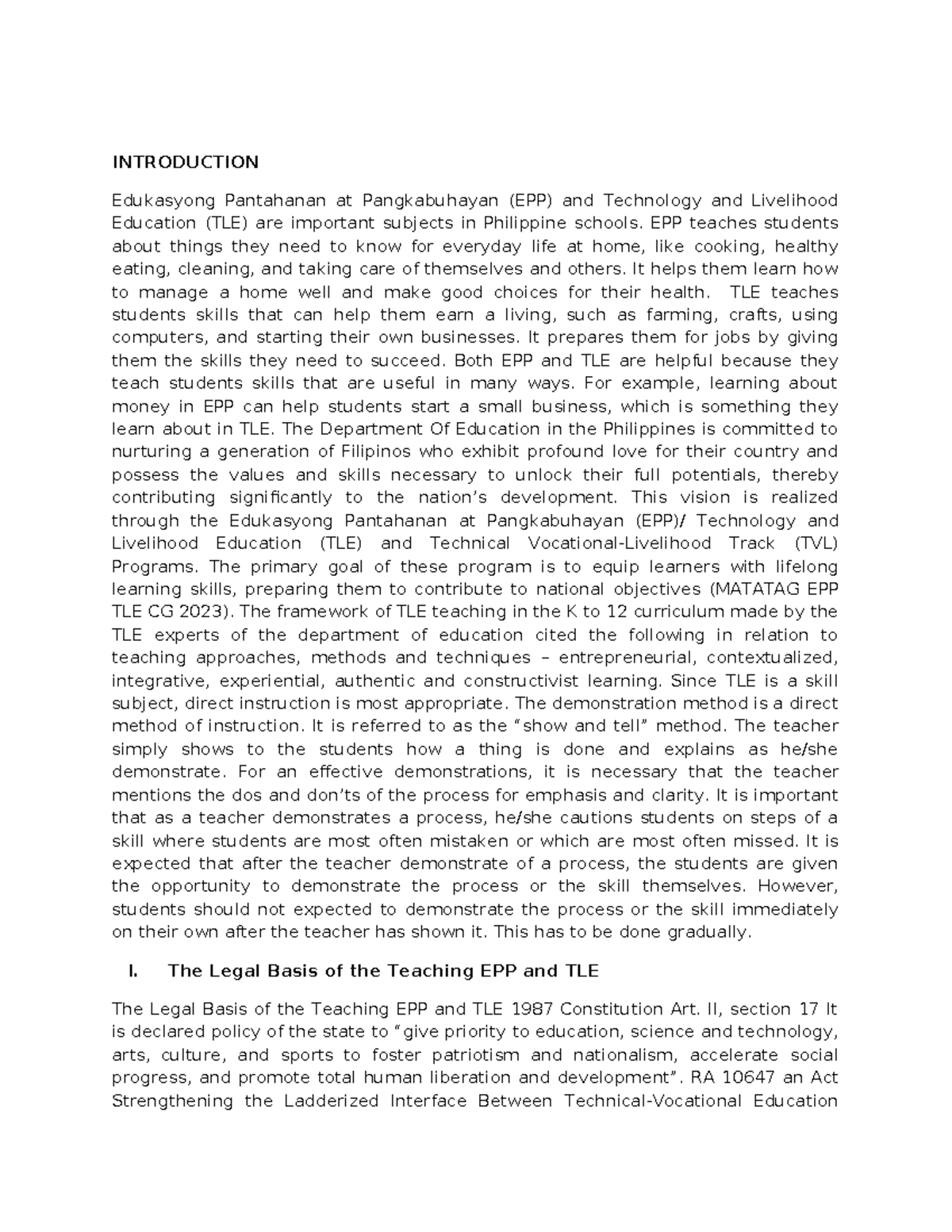 EPP and TLE Approaches: Teaching Strategies and Outcomes Overview - Studocu