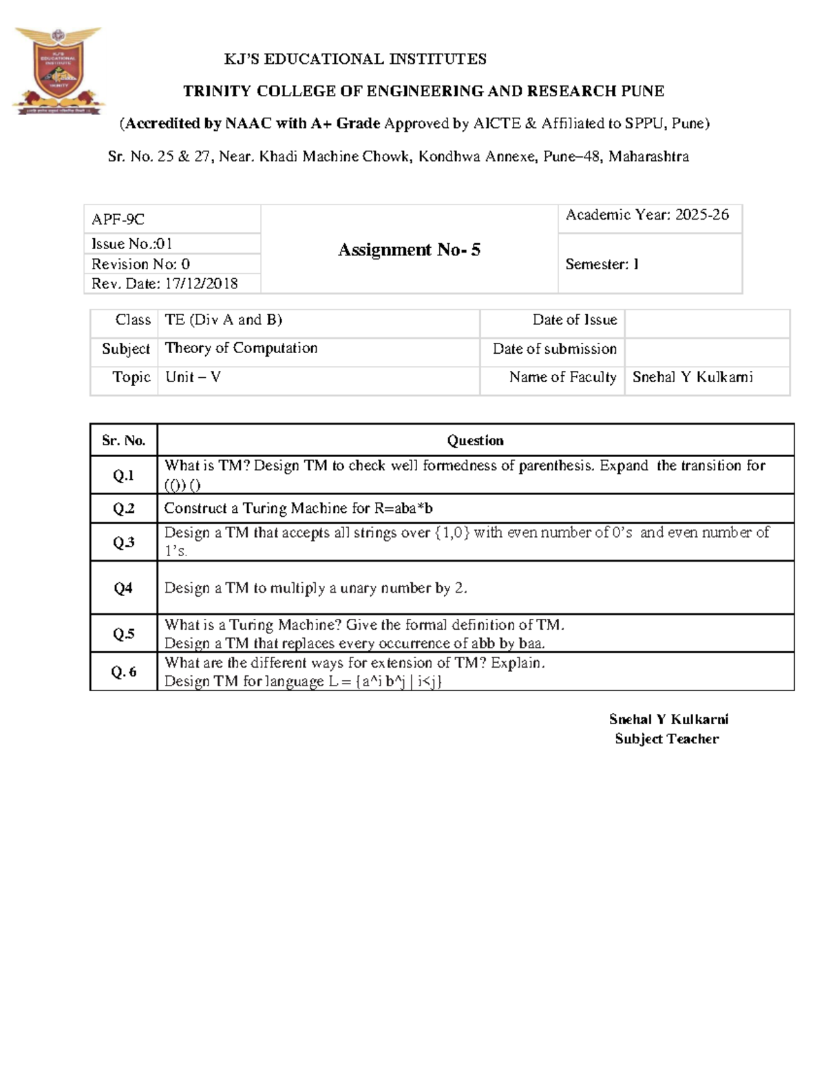 TE-TOC Assignment 5: Turing Machines and Their Applications - Studocu
