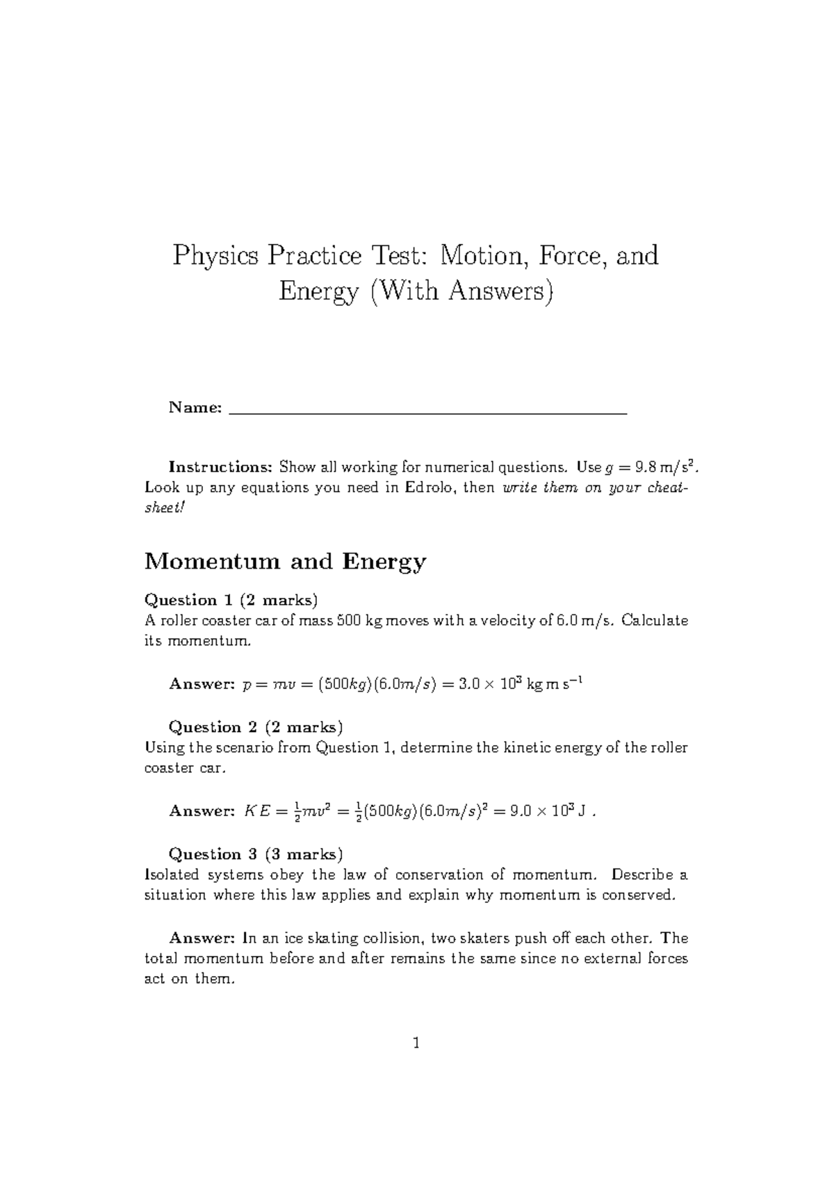 Physics Year 12 Practice SAC 1: Motion, Force, and Energy Answers - Studocu