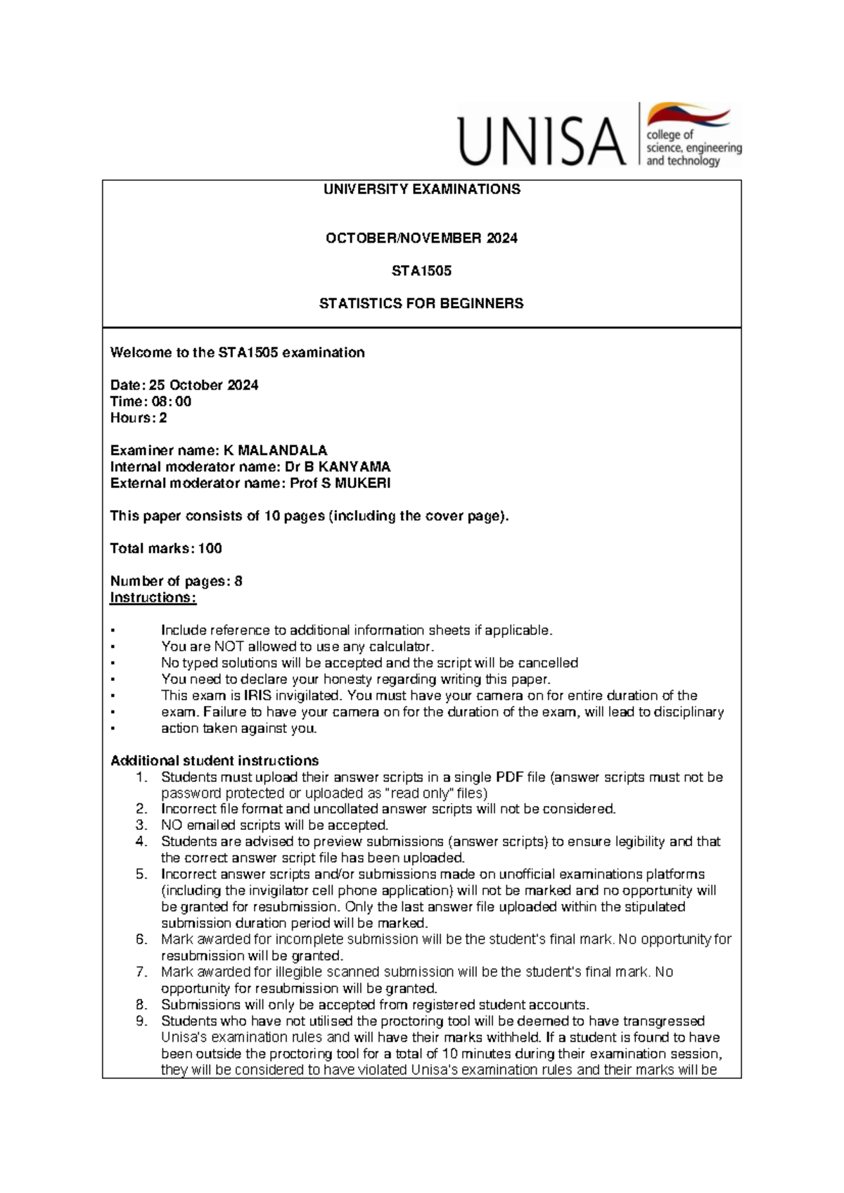 STA1505 FINAL EXAM PREPARATIONS - OCT/NOV 2024 - Studocu