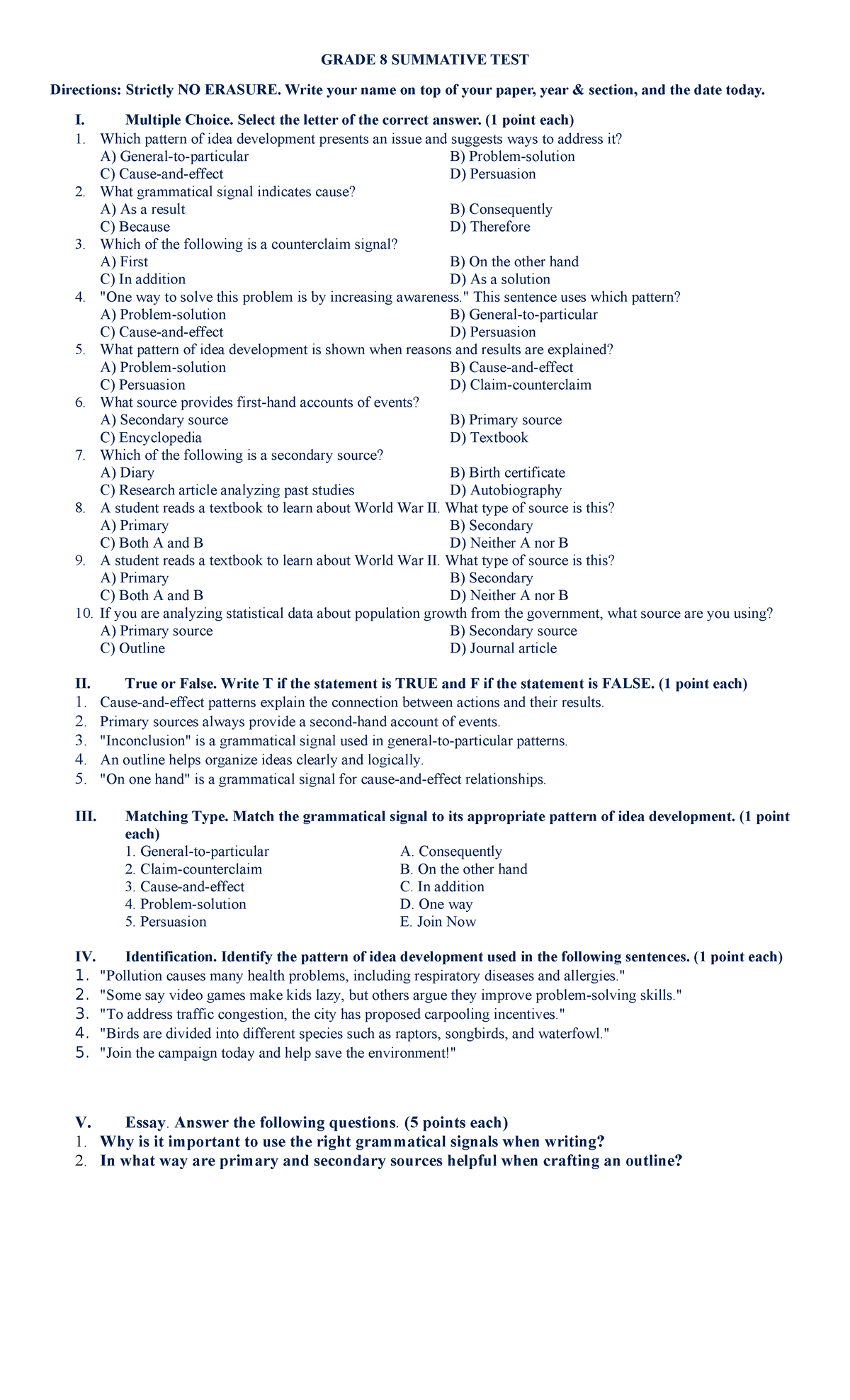 Grade 8 Summative TEST - GRADE 8 SUMMATIVE TEST Directions: Strictly NO ...