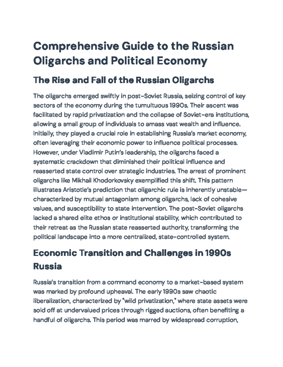 Comprehensive Overview of Russian Oligarchs: History & Impact - Studocu
