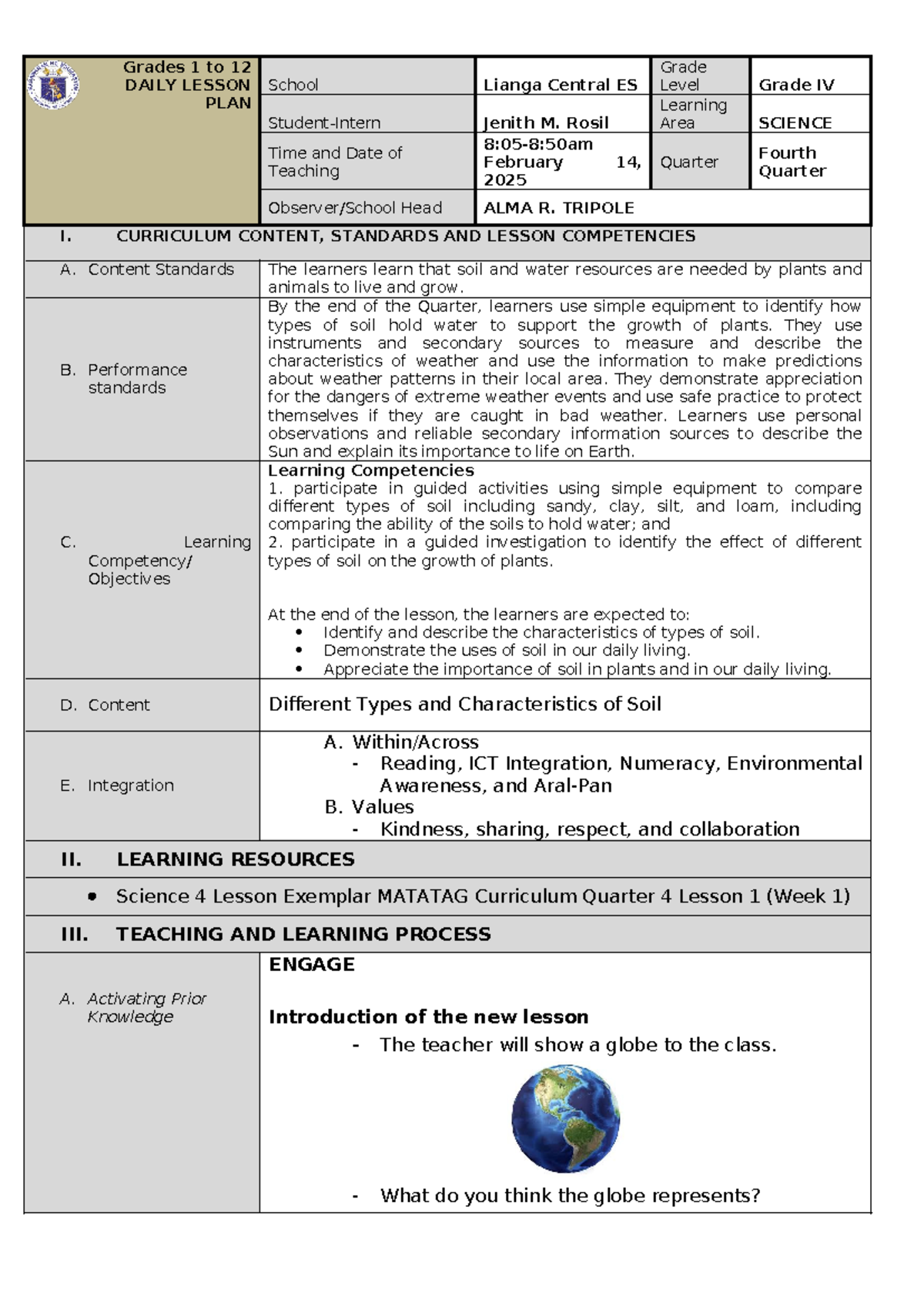 SCIENCE 4 Lesson Plan on Soil Types and Characteristics by Jenith M ...