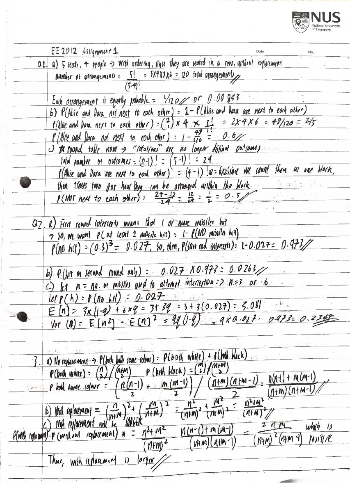 NUS EE2012 Assignment 1: Probability and Combinatorics Solutions - Studocu
