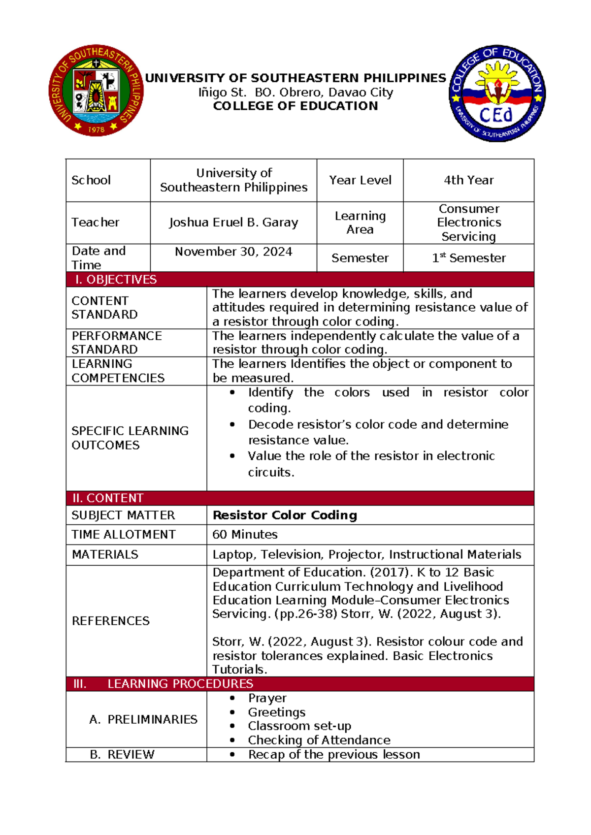 Lesson Plan for Consumer Electronics: Resistor Color Coding (CES 101 ...