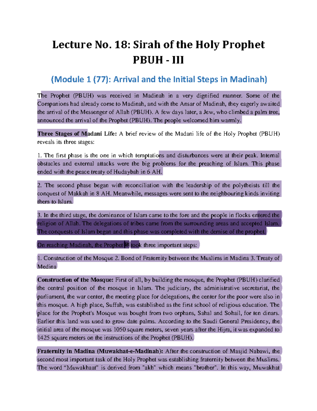 Lecture 18: Sirah of the Holy Prophet PBUH - Initial Steps in Madinah ...
