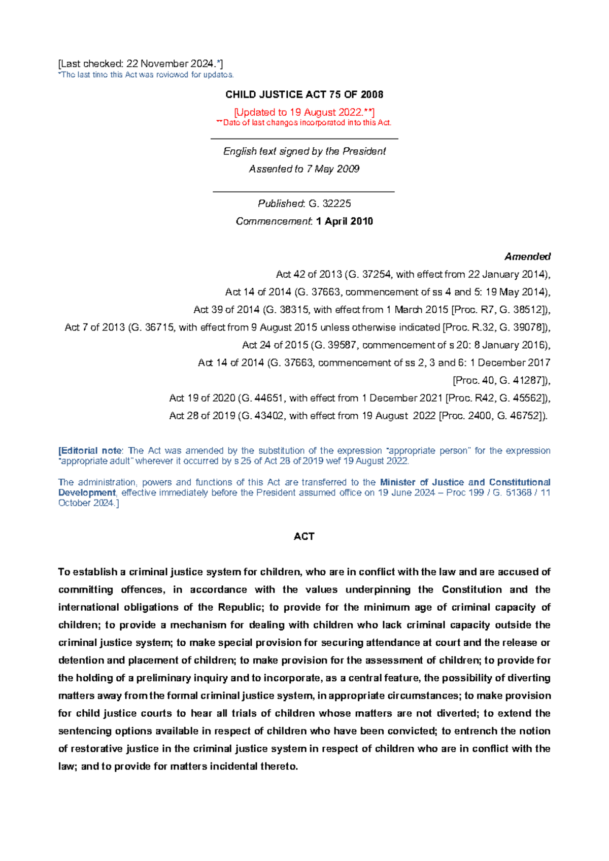 Child Justice Act 75 of 2008: Comprehensive Overview and Amendments ...
