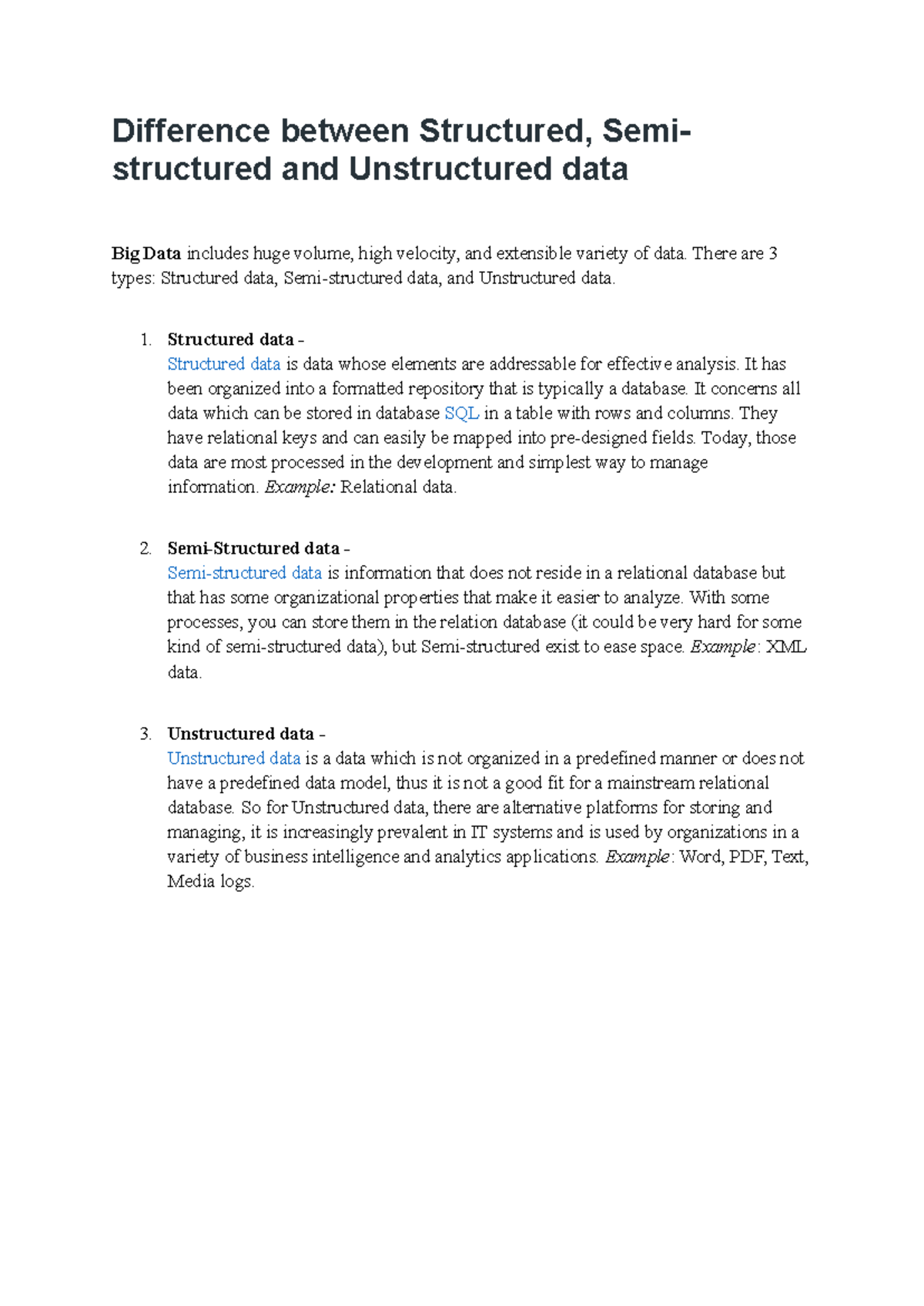 Difference Between Structured, Semi-Structured, and Unstructured Data - UNIT-I - Studocu