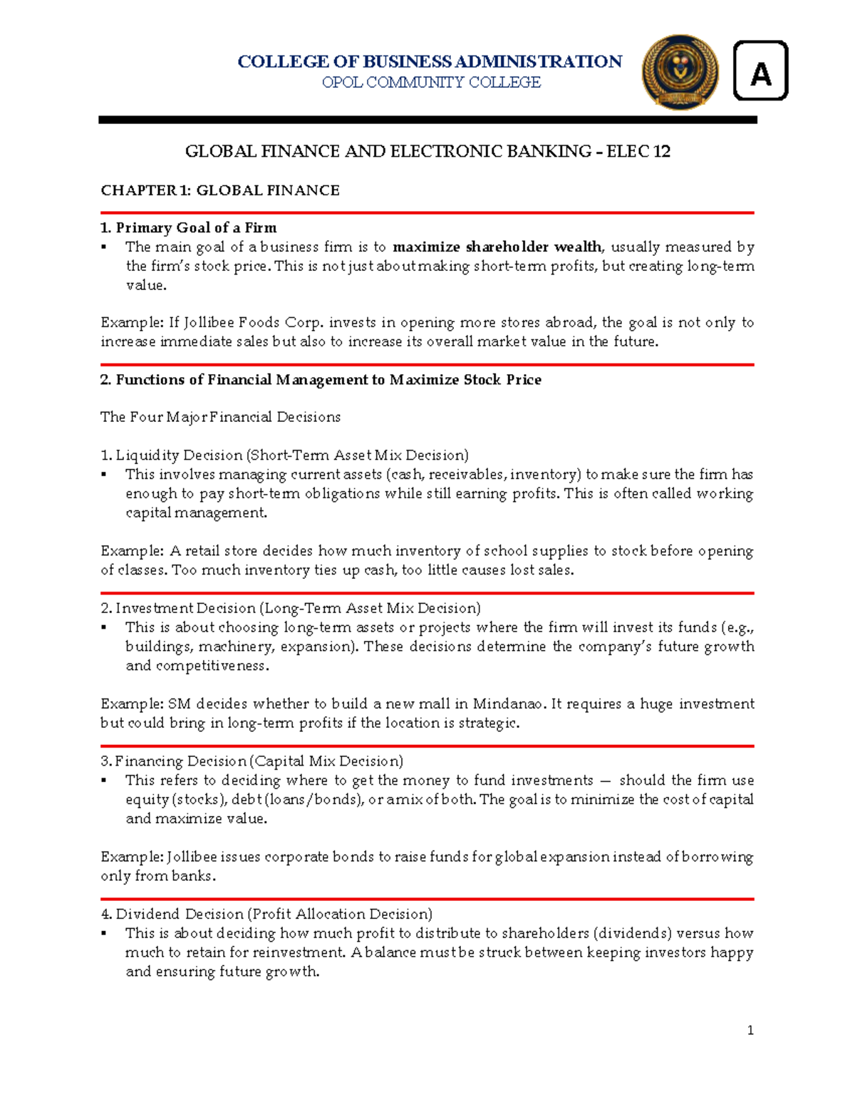 Global Finance and Electronic Banking - ELEC 12 Chapter 1 Overview ...
