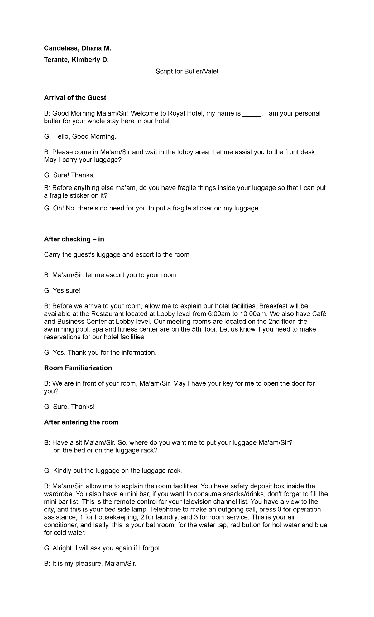 Butler Script for Important Practices - Candelasa, Dhana M. Terante ...