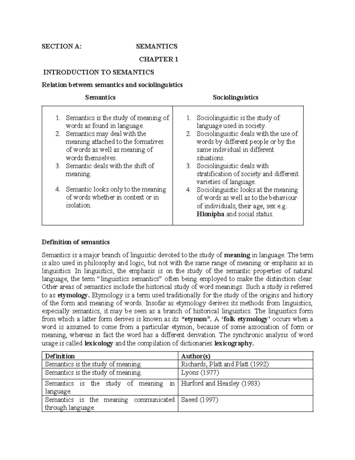Chapter 1: Introduction to Semantics and Sociolinguistics - Studocu