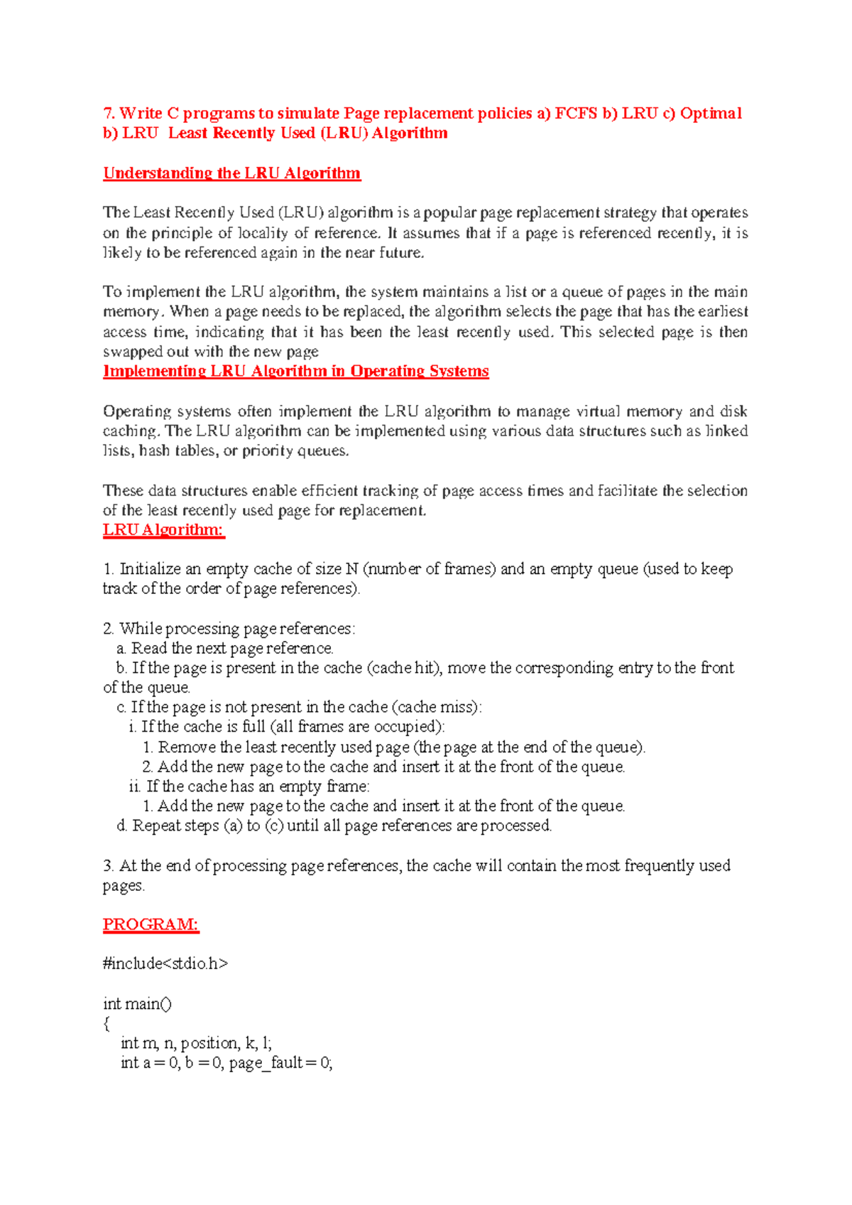 OS LAB 7b - C Program for Page Replacement Policies: LRU Implementation ...