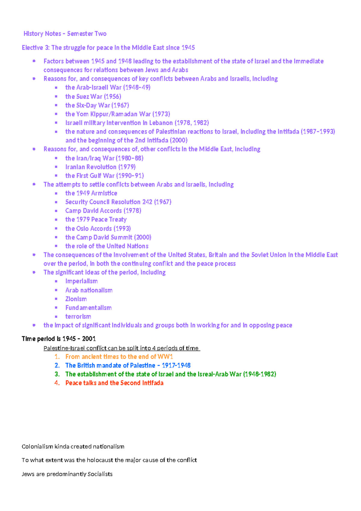 History Notes - Elective 3: The Middle East Conflict (1945-2001) - Studocu