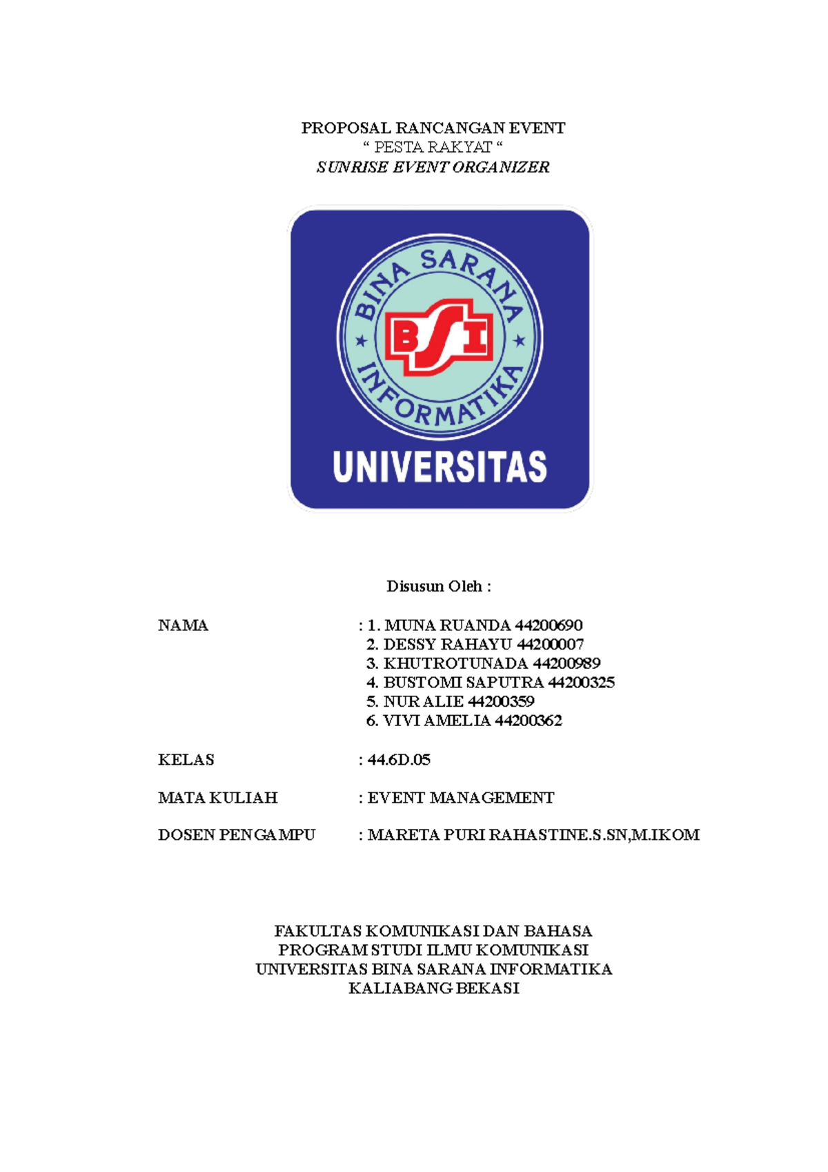 Proposal Event Management: Pesta Rakyat - Sunrise Event Organizer - Studocu
