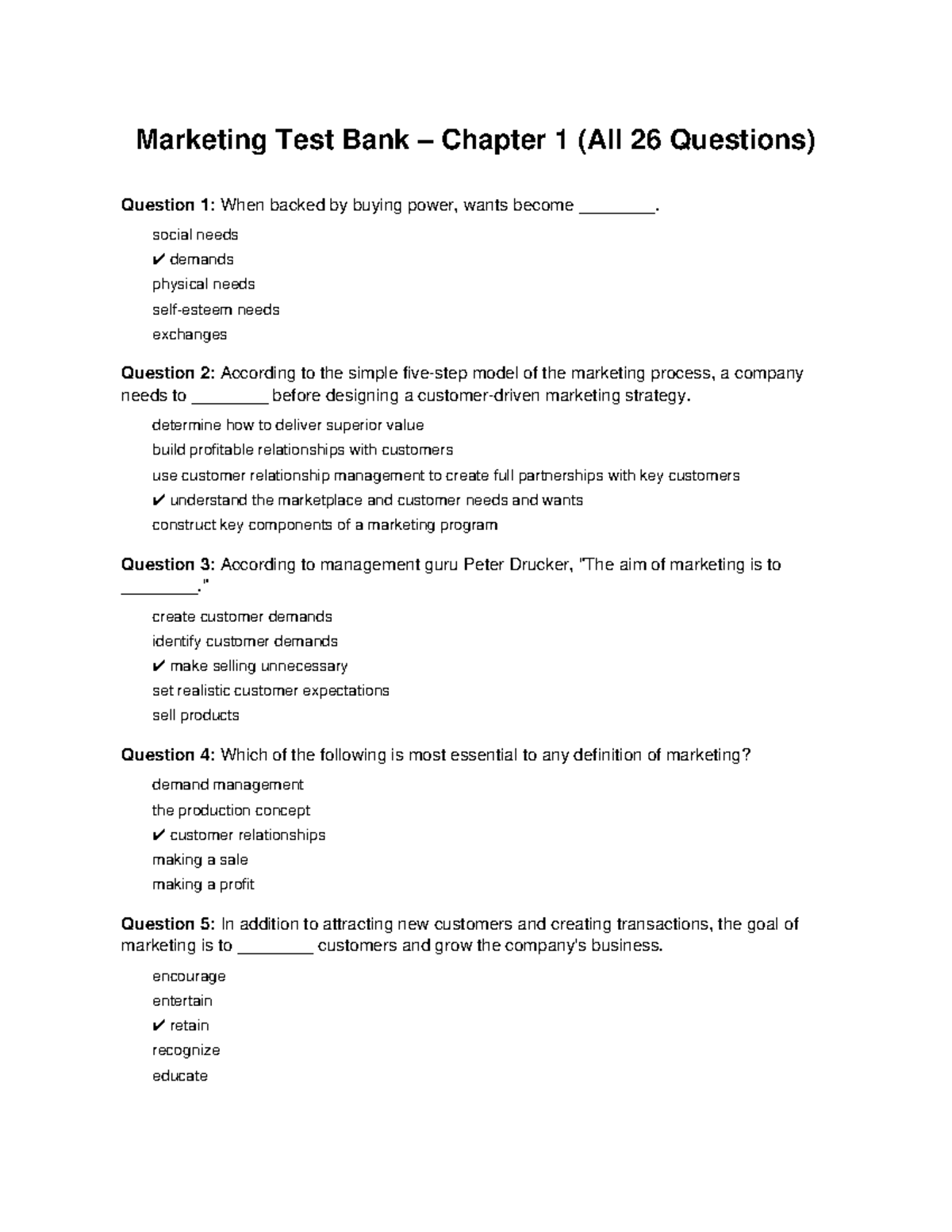 Marketing Test Bank CH1: Comprehensive Q&A (26 Questions) - Studocu