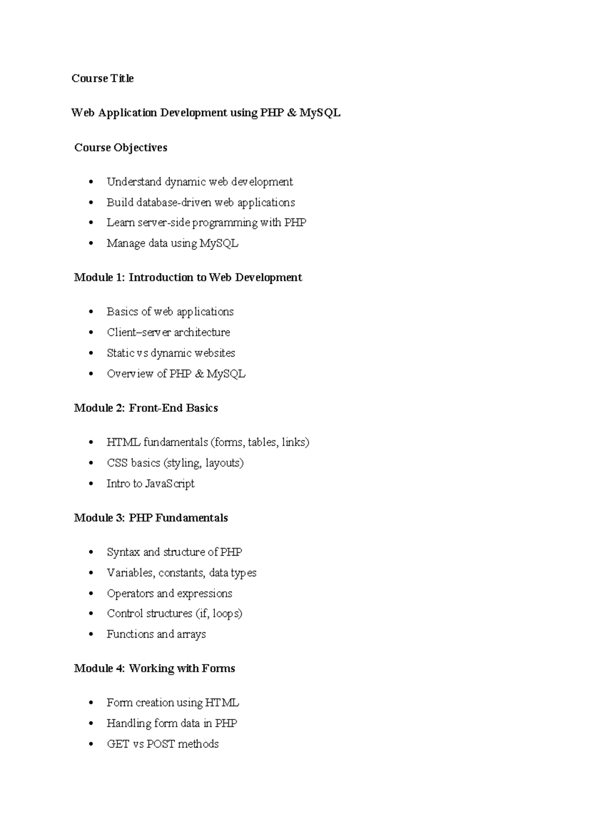 Web Application Development (PHP & MySQL) Course Overview - Studocu