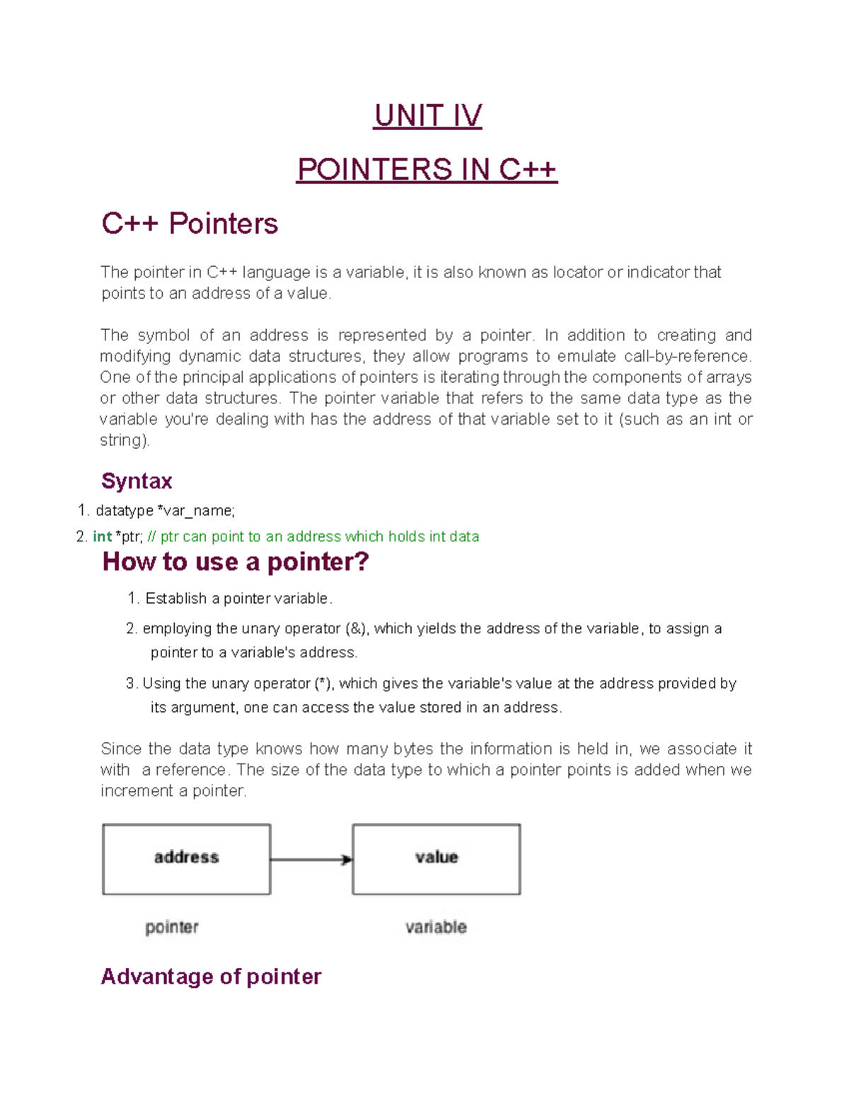 C++unit4 - unit 4 - UNIT IV POINTERS IN C++ C++ Pointers The pointer in C++ language is a ...