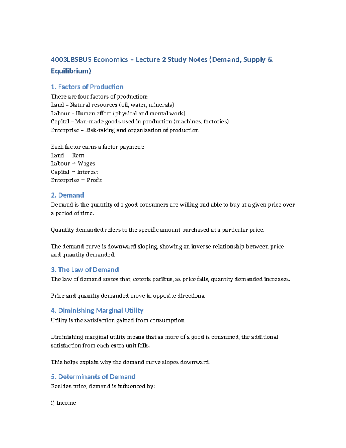 4003LBSBUS Economics Lecture 2 Study Notes: Demand & Supply Equilibrium ...