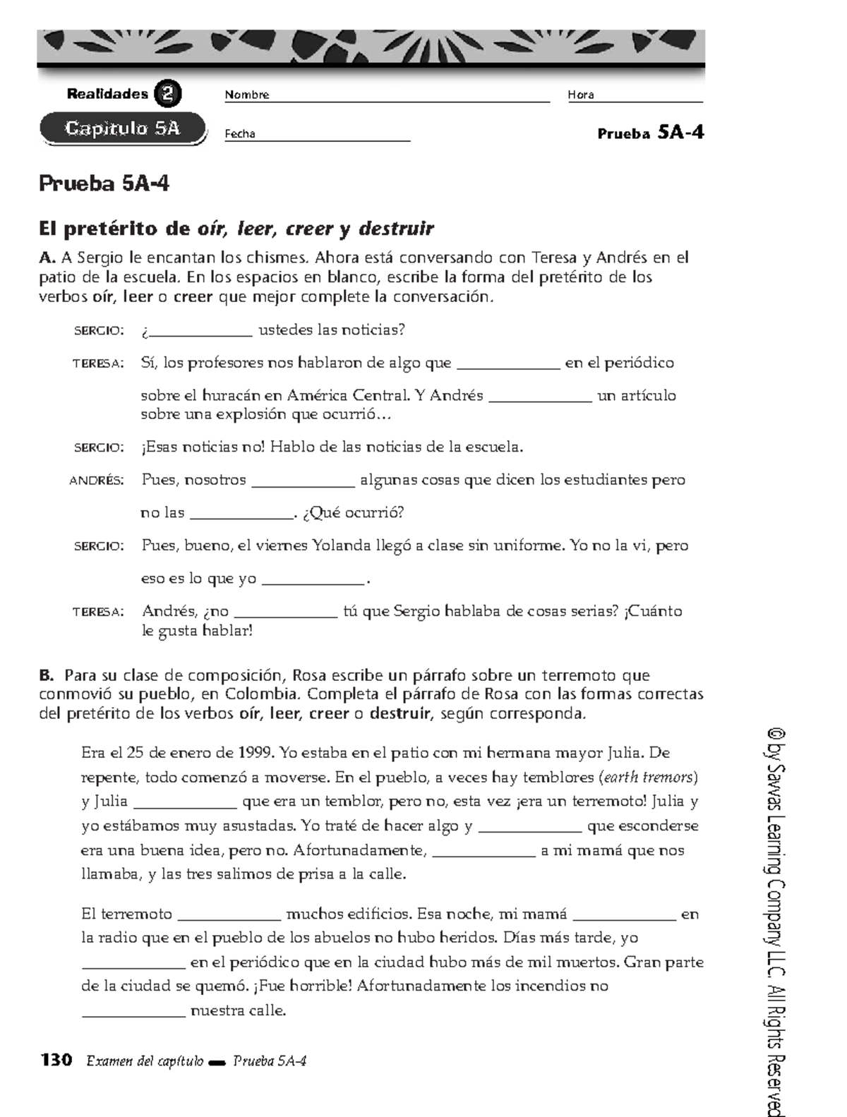 Prueba 5A-4: El Pretérito de Oír, Leer, Creer y Destruir - Studocu