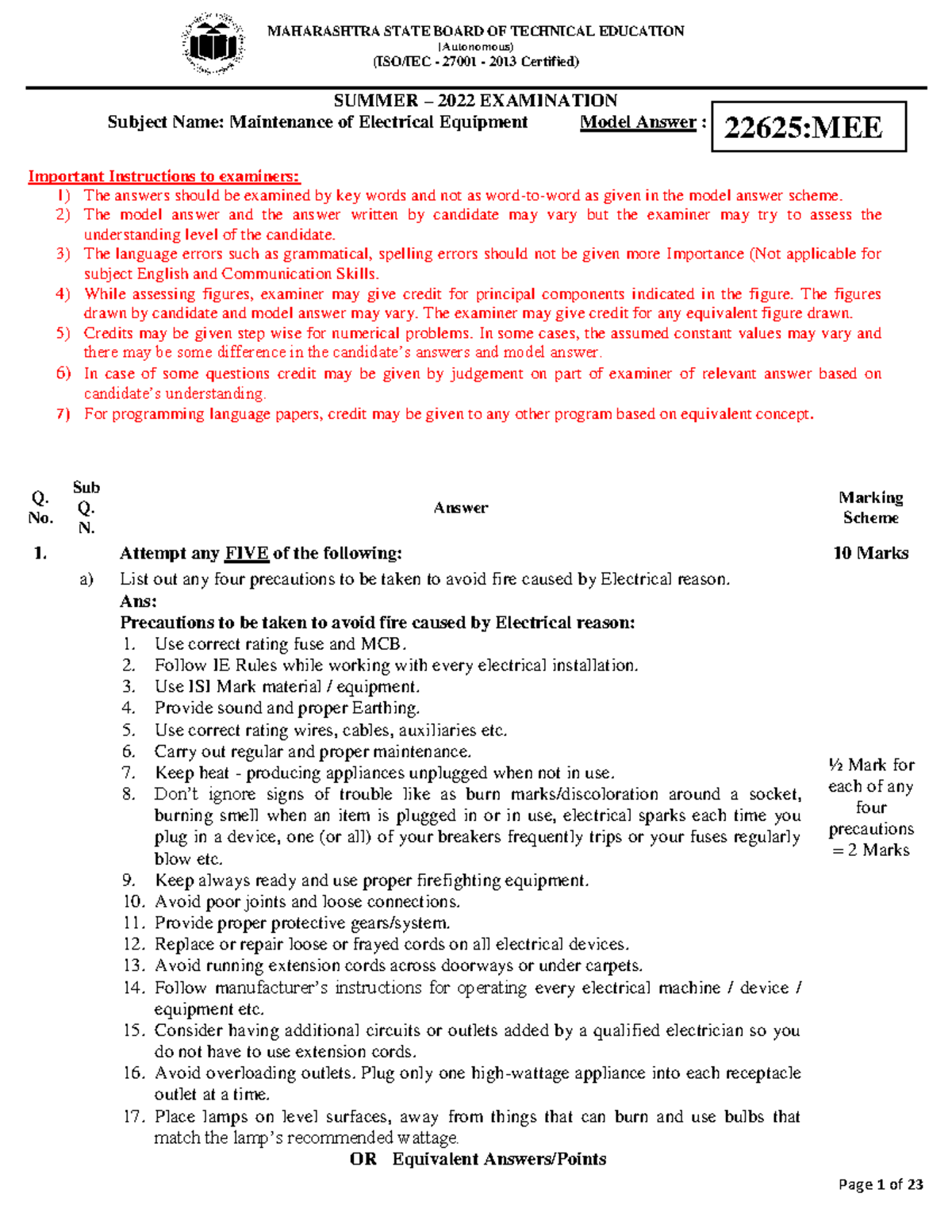 Model Answer: 22625 MEE Summer 2022 Exam - Maintenance of Electrical ...