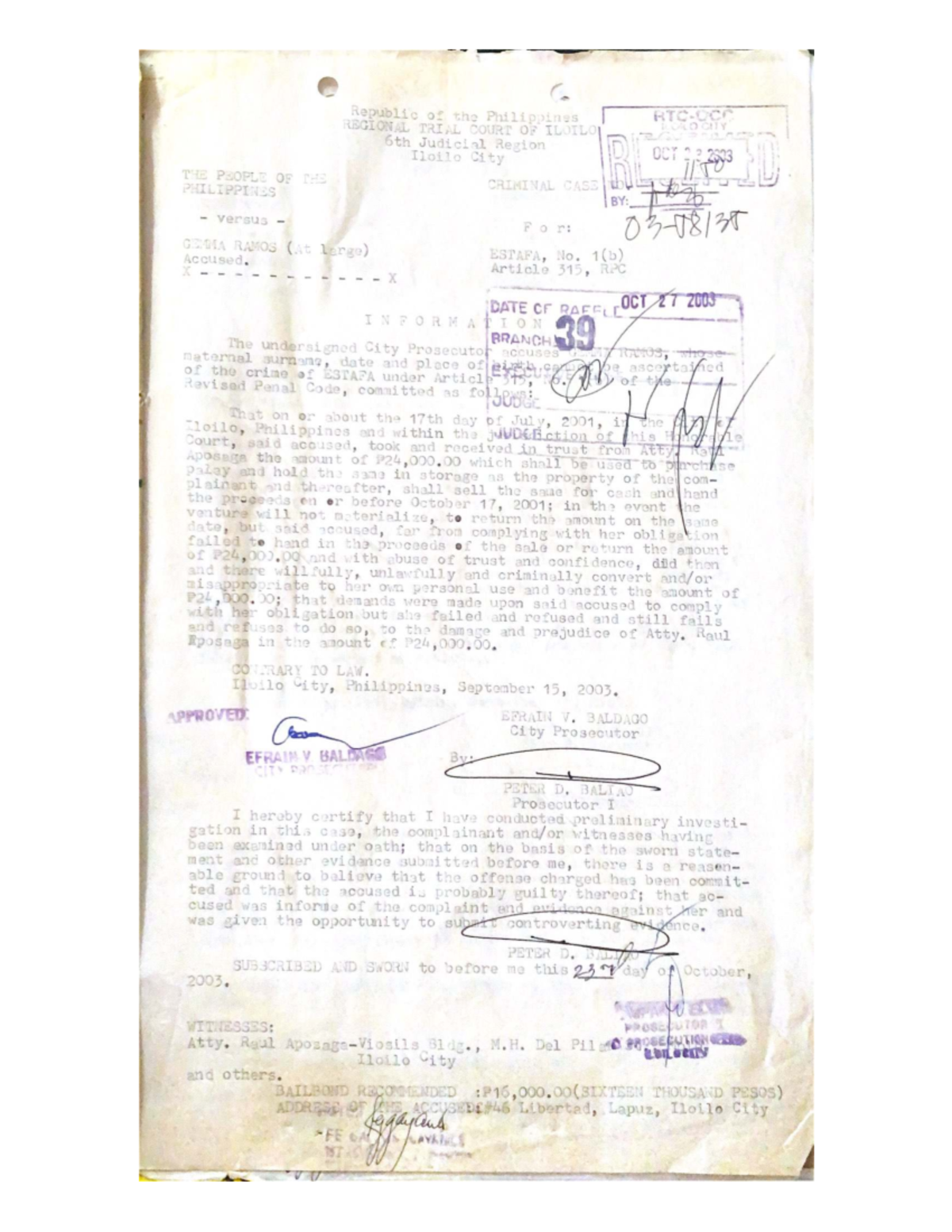 Criminal Case No. 1020: Estafa Charges Against Gemma Ramos - Studocu