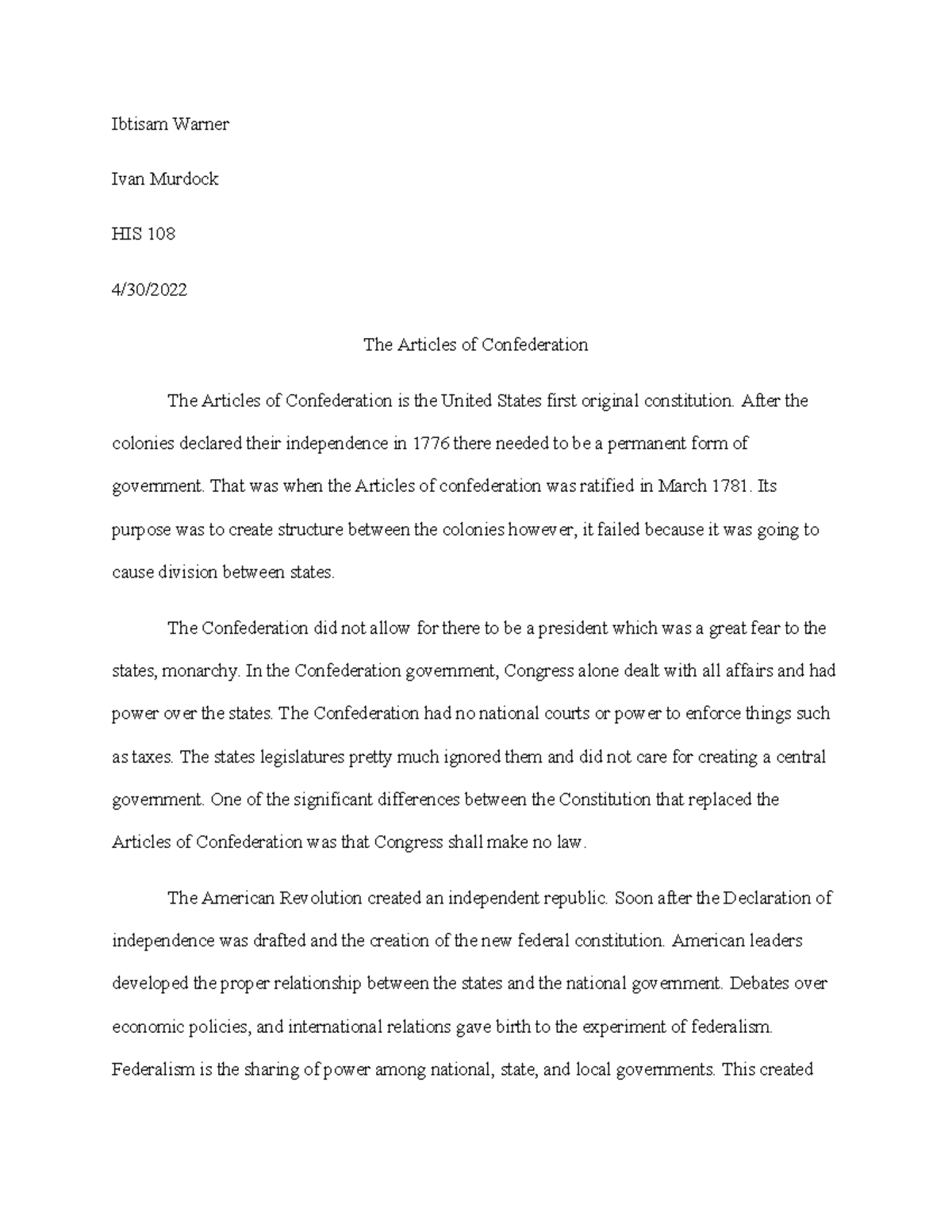 HIS 108 Lesson on the Articles of Confederation: Strengths and ...