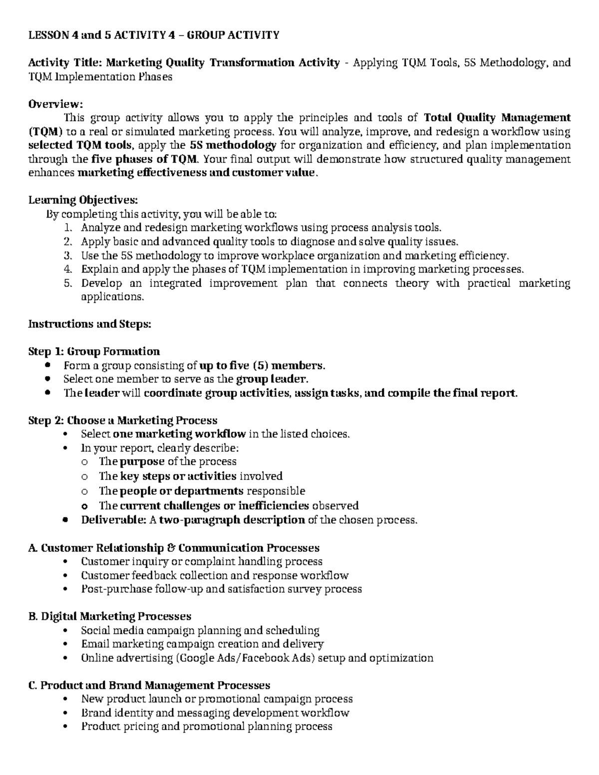 TQM Tools Application in Marketing: Lesson 4 & 5 Activity 4 - Studocu