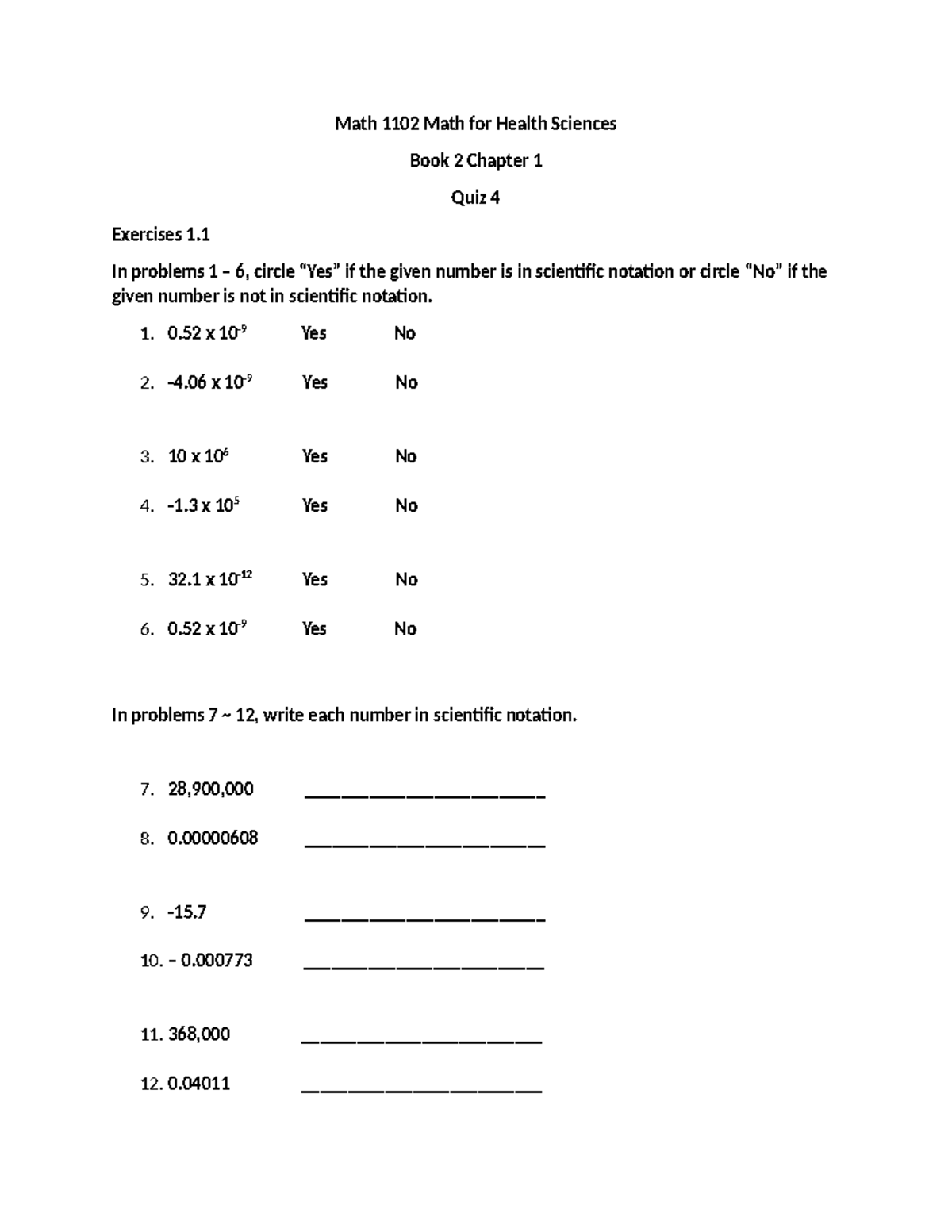 Math 1102 Quiz 3 - Scientific Notation and Error Analysis Exercises ...