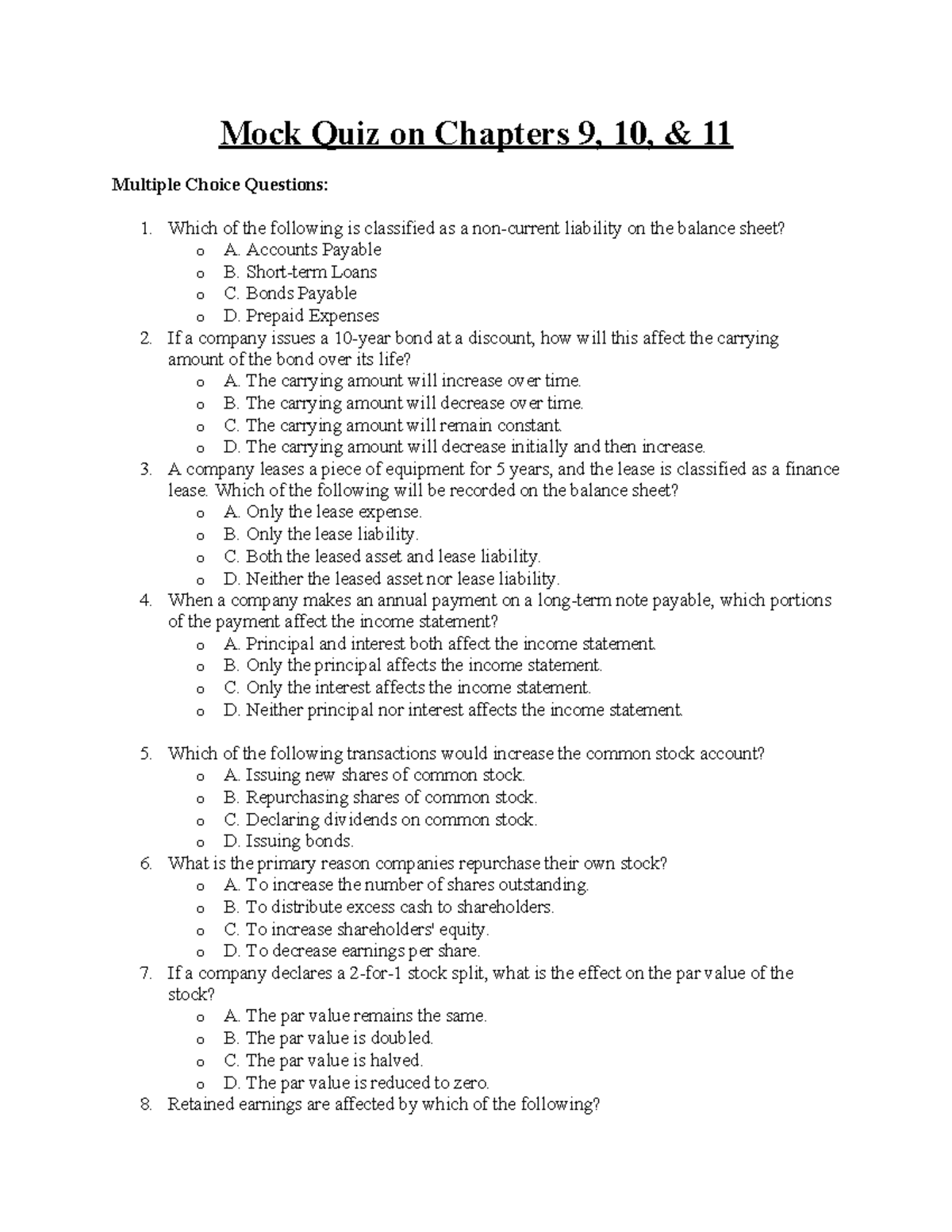 Mock Quiz on Chapters 9, 10, & 11 - ACC101 - Studocu