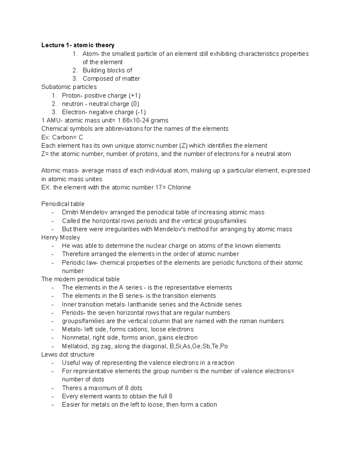 Chemistry Lecture Notes: Atomic Theory, Bonding & Reactions (CHEM 101 ...