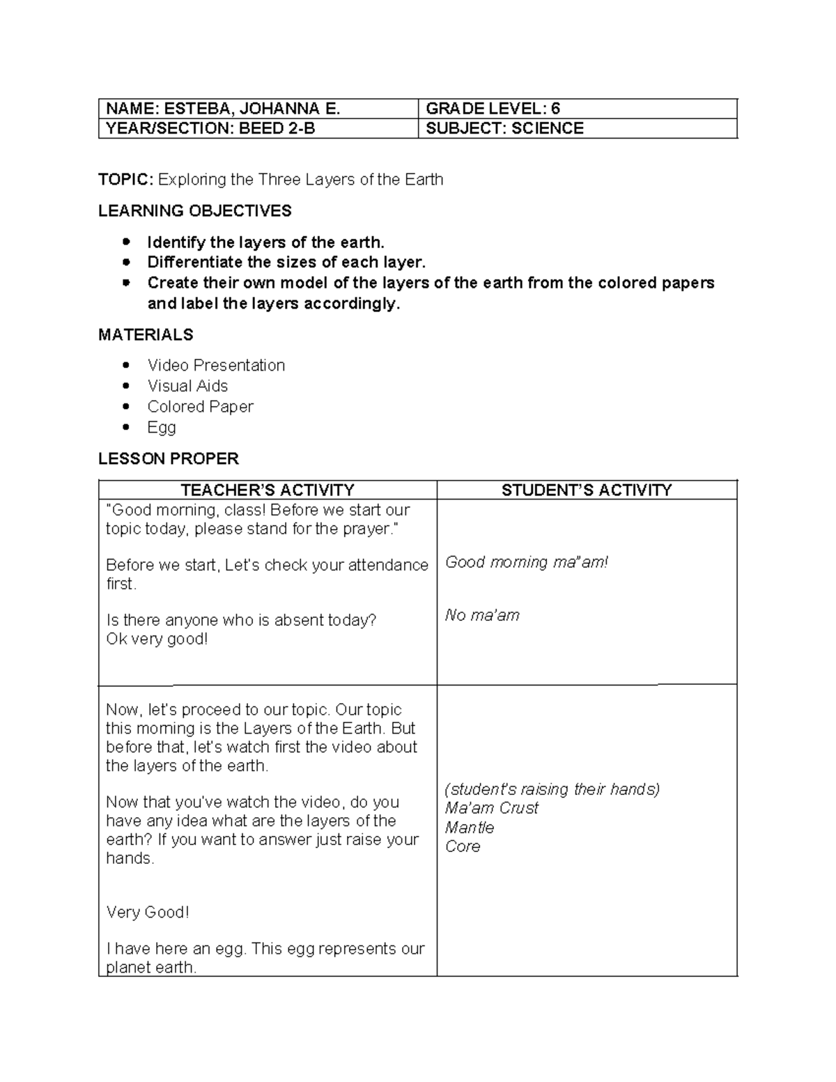 DLP: Exploring the Layers of the Earth - Grade 6 Science Lesson - Studocu