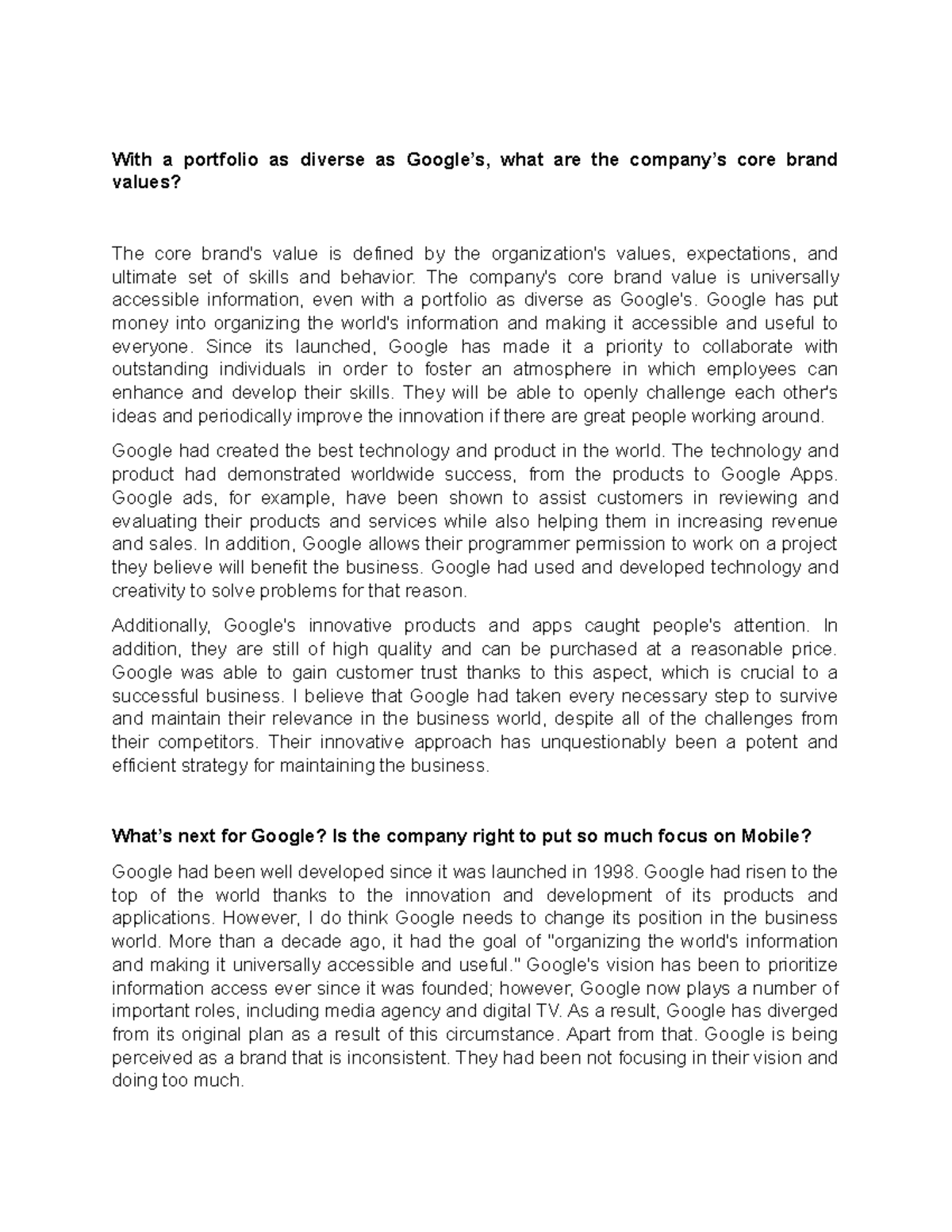 Case Study - With a portfolio as diverse as Google’s, what are the ...