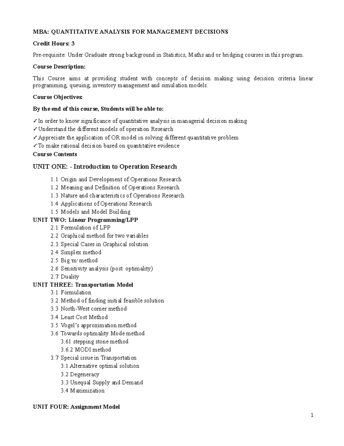 Course outline - Note - MBA: QUANTITATIVE ANALYSIS FOR MANAGEMENT ...