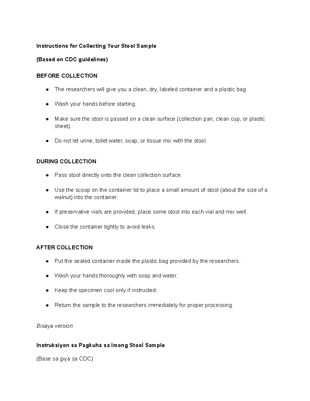 Stool Specimen Collection Instructions (CDC Guidelines) - Studocu