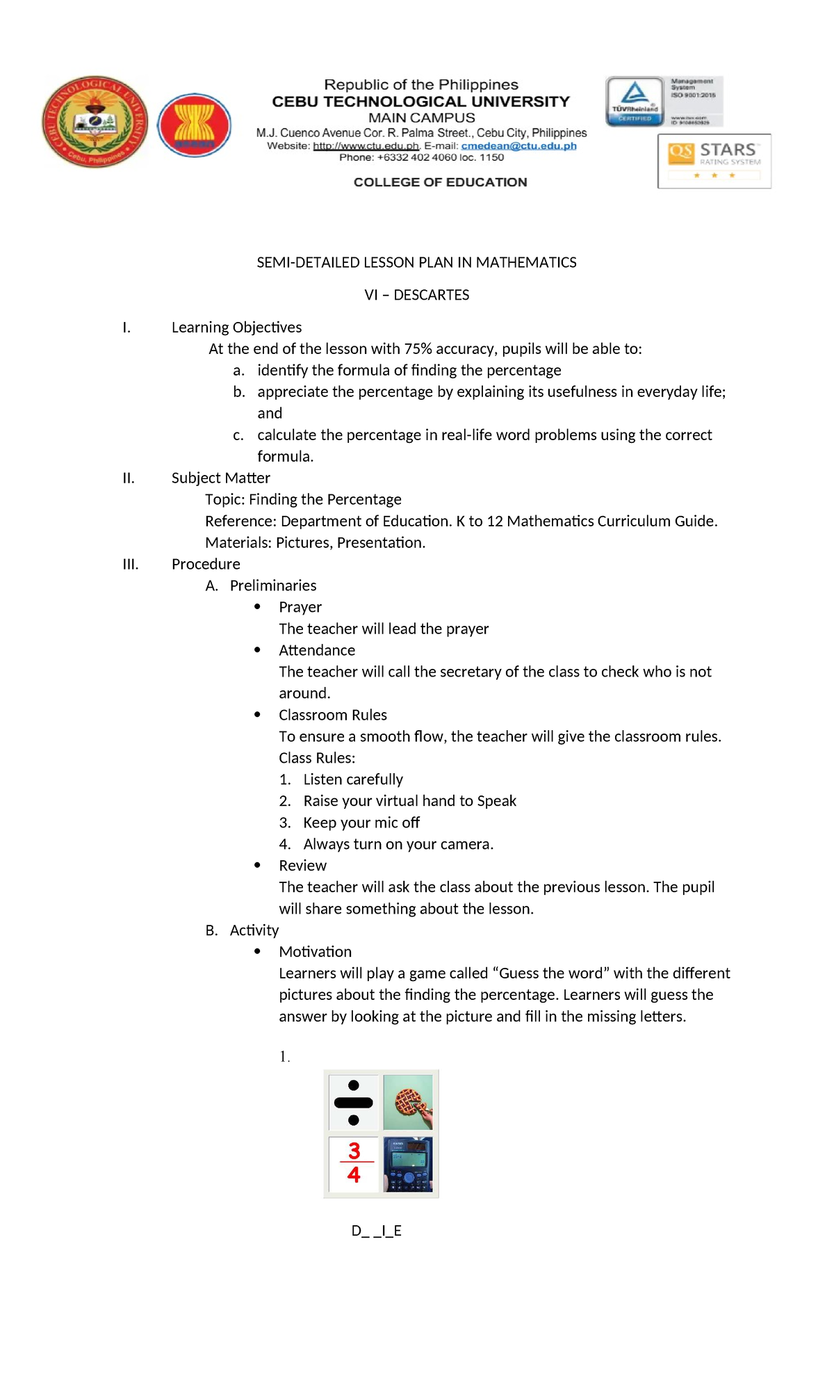 SEMI DETAILED LESSON PLAN IN MATH 6: FINDING PERCENTAGE - Studocu