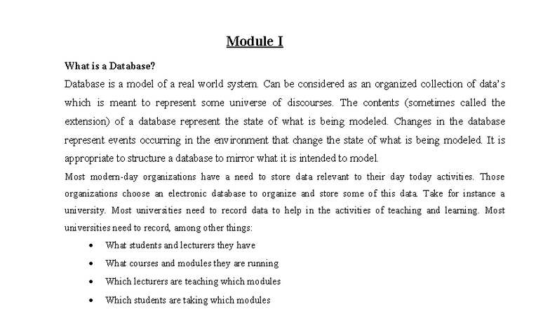 Module I: Understanding Databases and Their Properties - Studocu