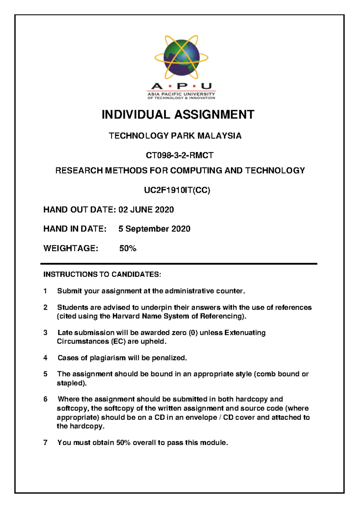 RMCT Assignment - research method - INDIVIDUAL ASSIGNMENT TECHNOLOGY PARK MALAYSIA CT098-3-2 ...