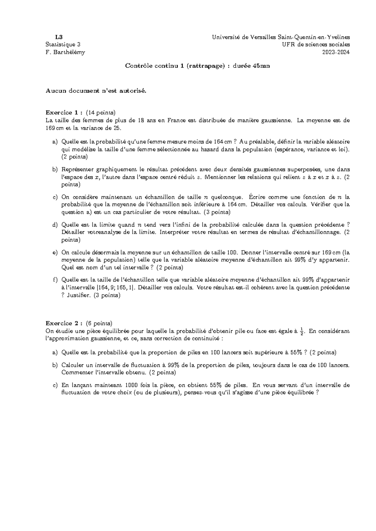 CC1 L3 Statistique 3 - Exercice de Rattrapage 2023-2024 - Studocu