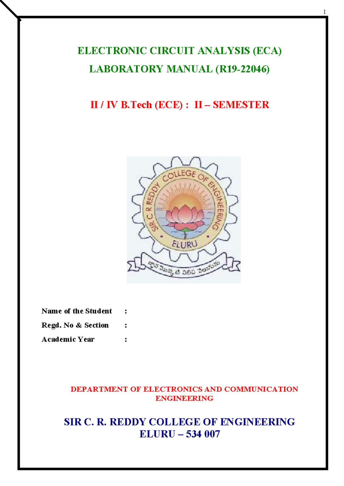 ECA Lab Manual II: Experiments in Electronic Circuit Analysis (B.Tech ...