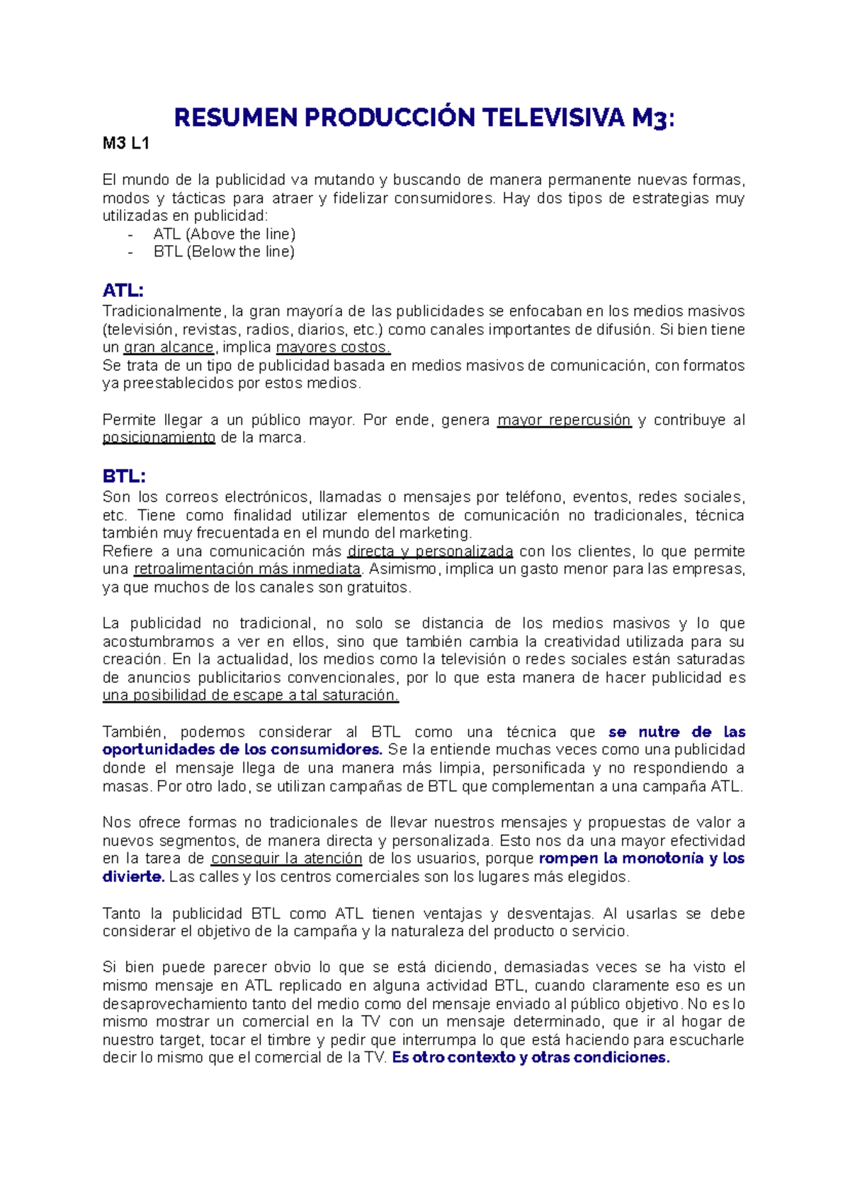 Resumen de Producción Televisiva M3: Estrategias ATL y BTL - Studocu