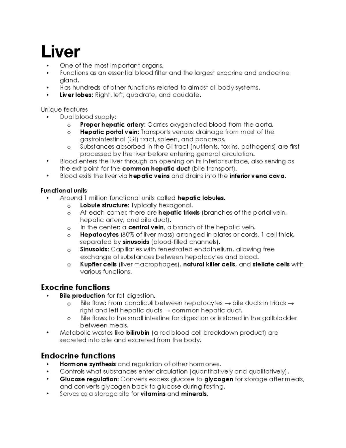 Liver and Pancreas Functions: Exam 1 Study Notes - Studocu