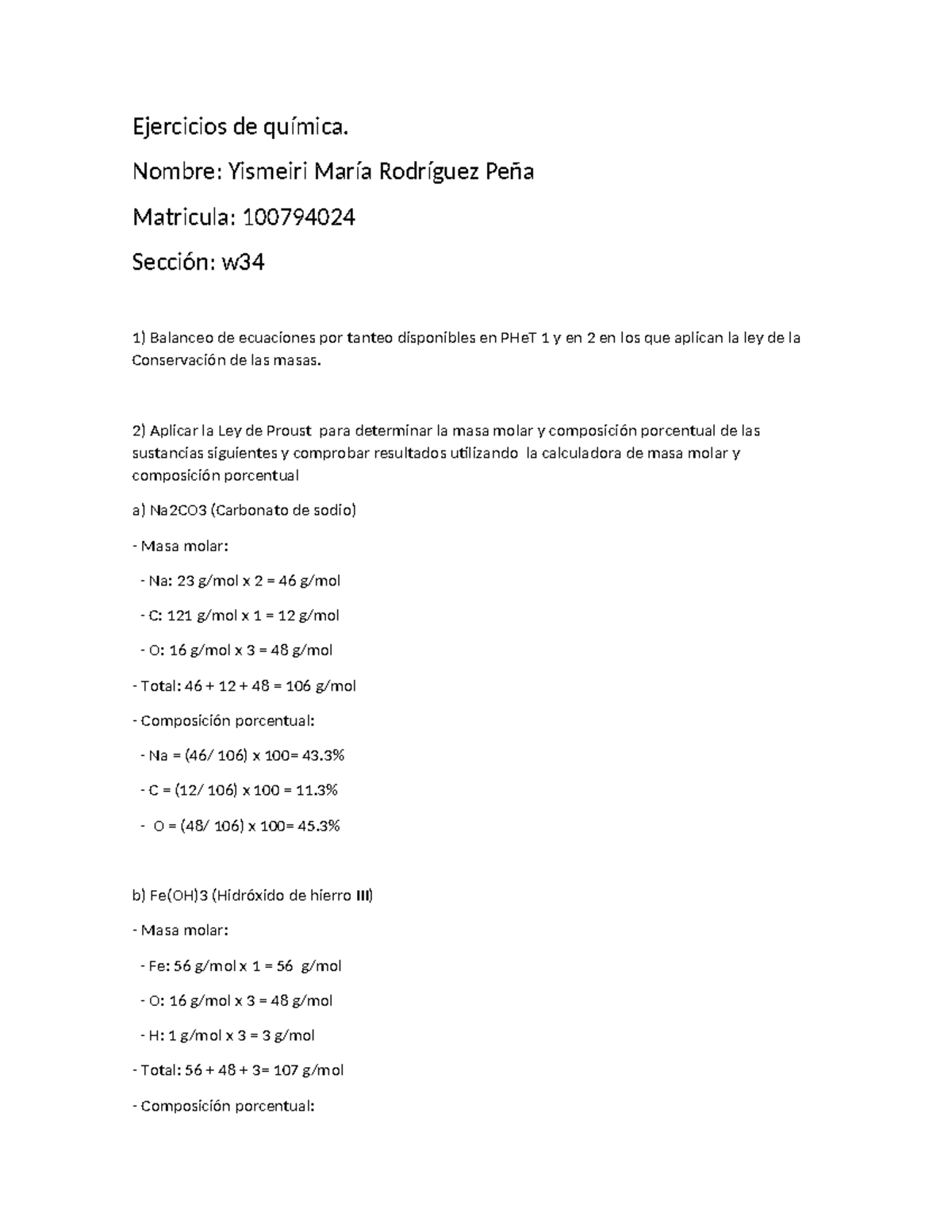 Ejercicios de química - ejercicio de la unidad III Y IV - Ejercicios de química. Nombre ...